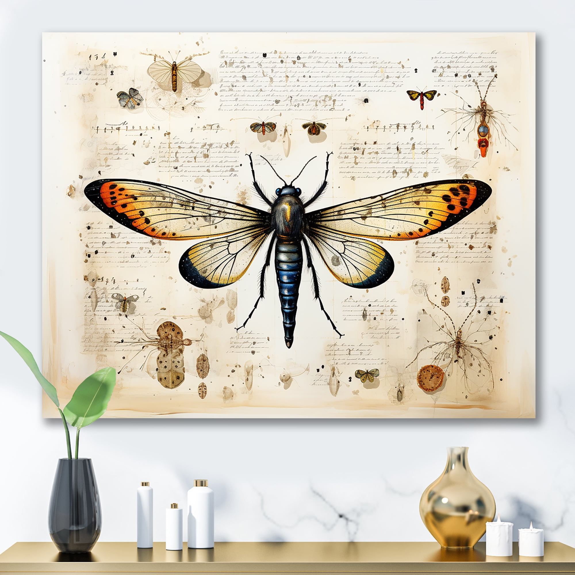 Designart "Blueprint of Moth in Beige and Yellow" Extra Large Animals ...