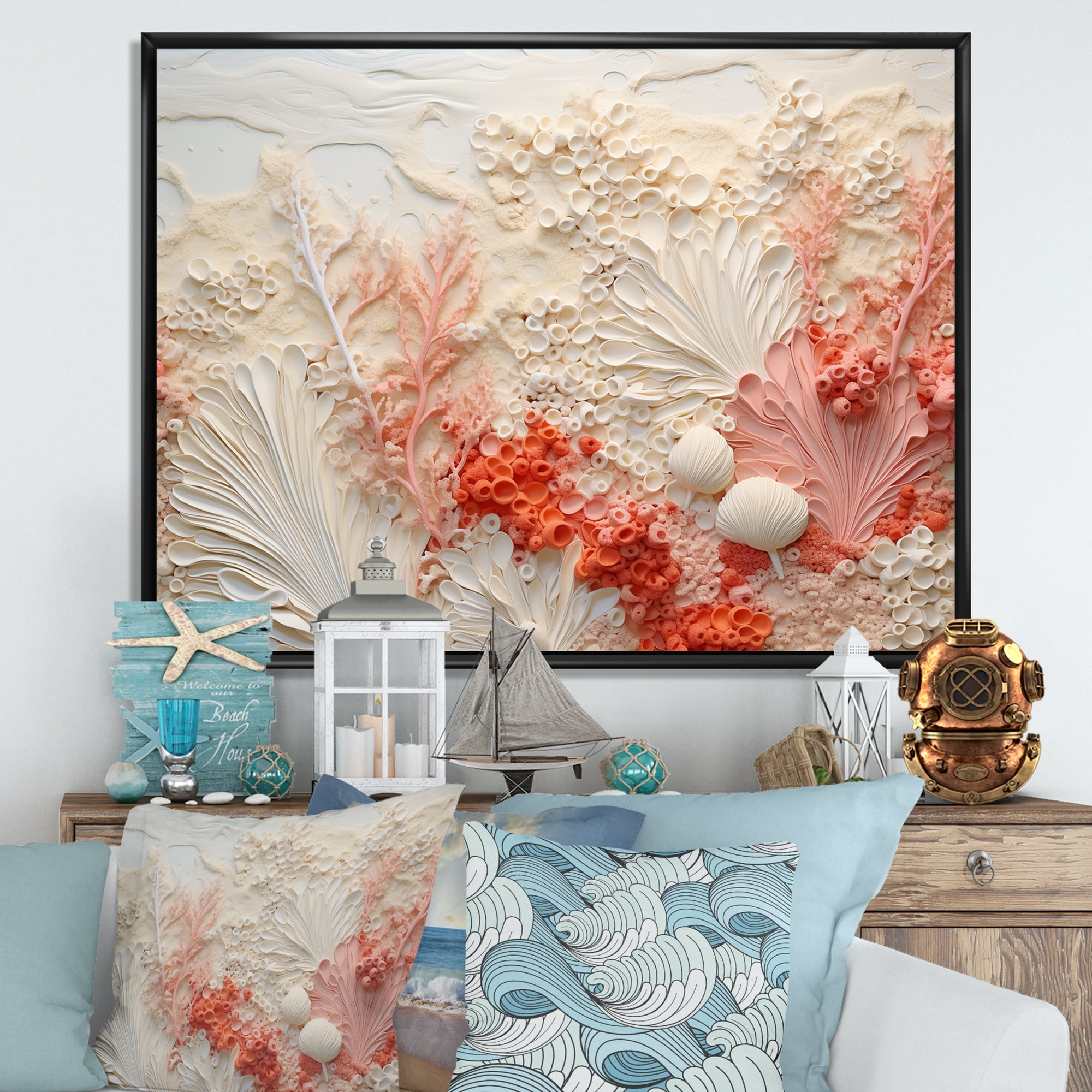 Designart "Blush And Ivory Seashore Coral Mosaic V" Coastal Coral Under ...
