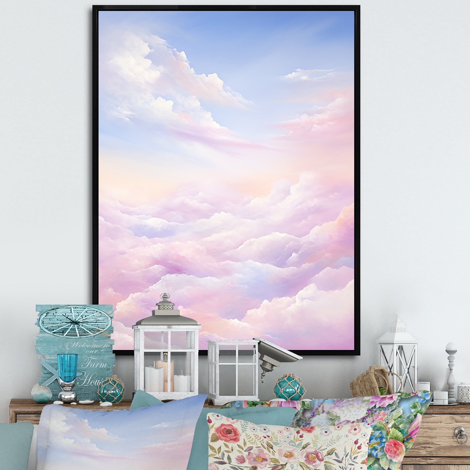 Designart "Blush Clouds Simplistic Skyline" Clouds Floater Framed Wall ...