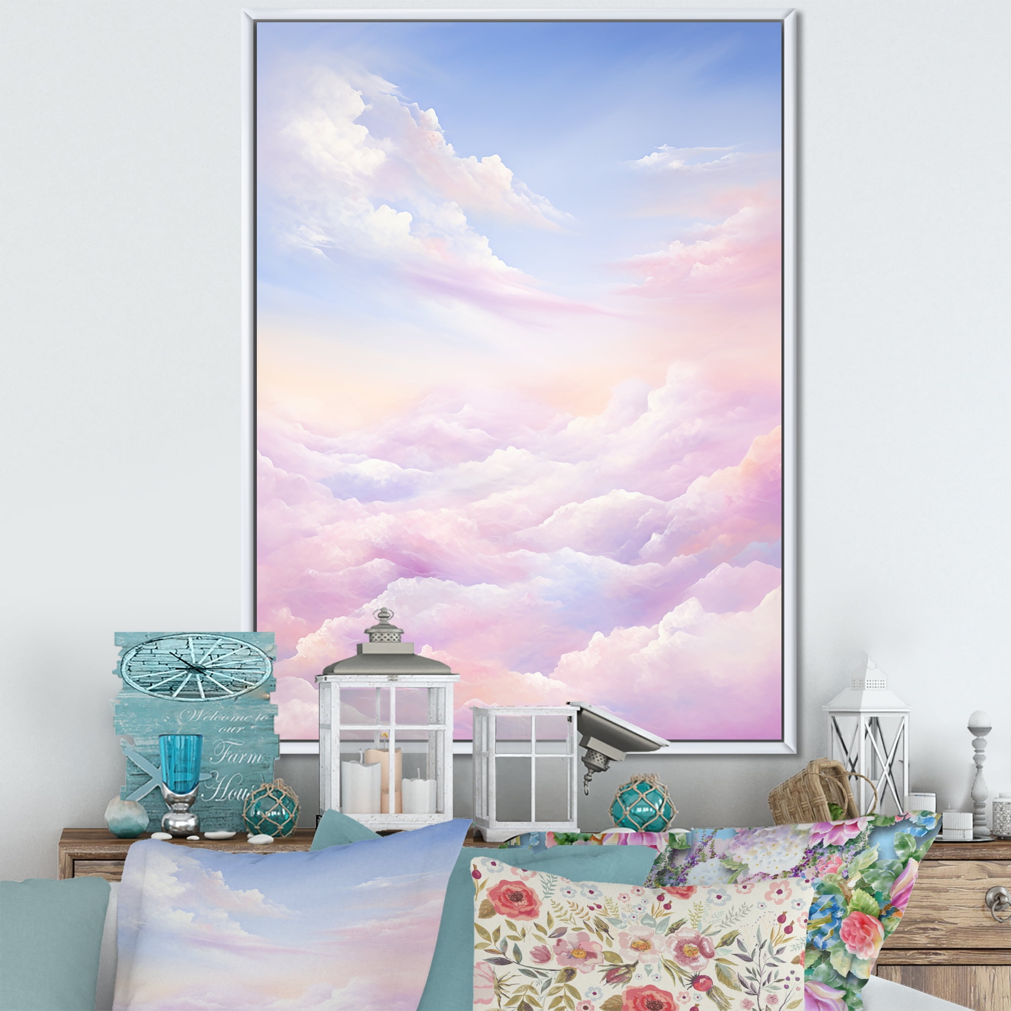 Designart "Blush Clouds Simplistic Skyline" Clouds Floater Framed Wall ...