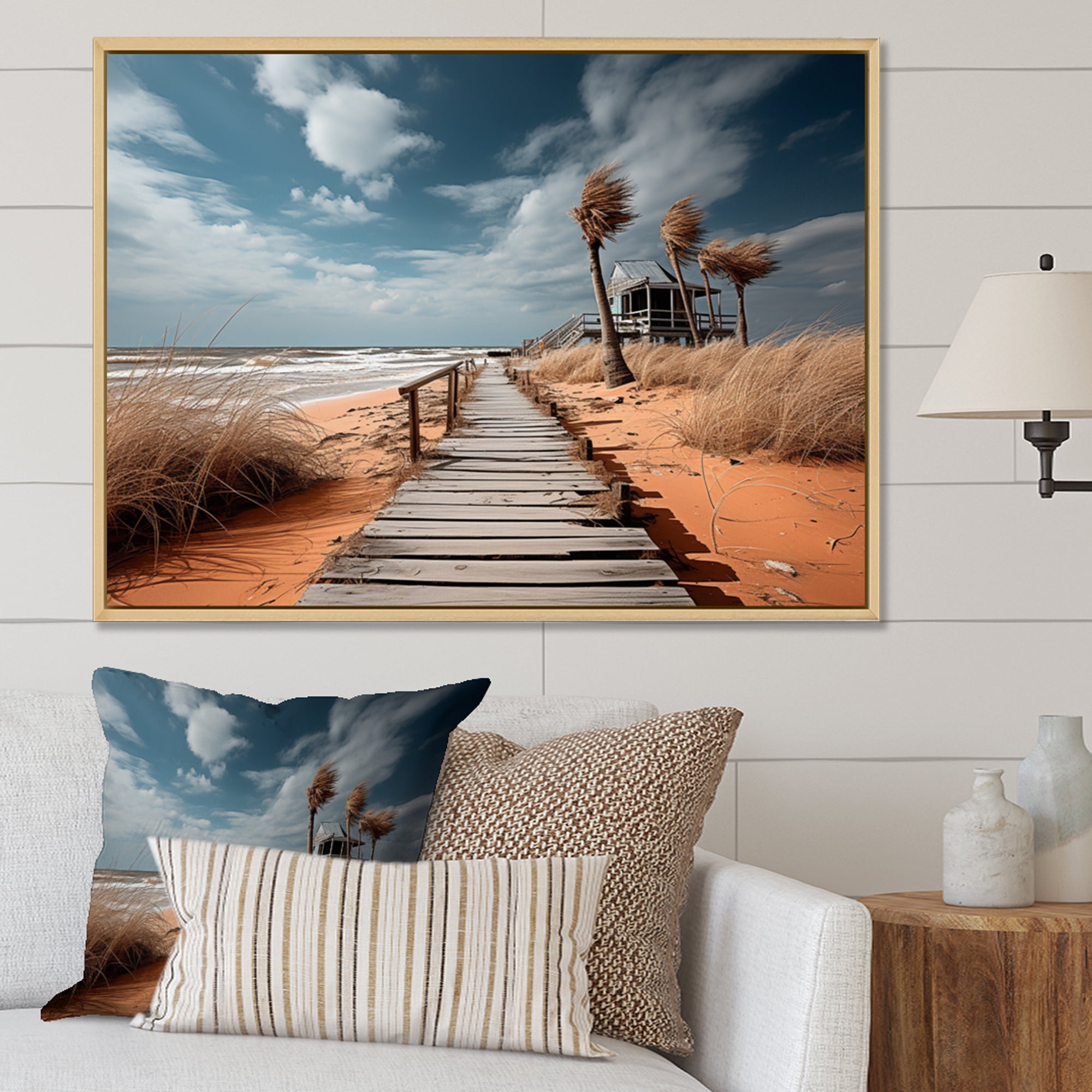 Designart "Boardwalk Scene in Florida" Nautical & Beach Floater Framed ...