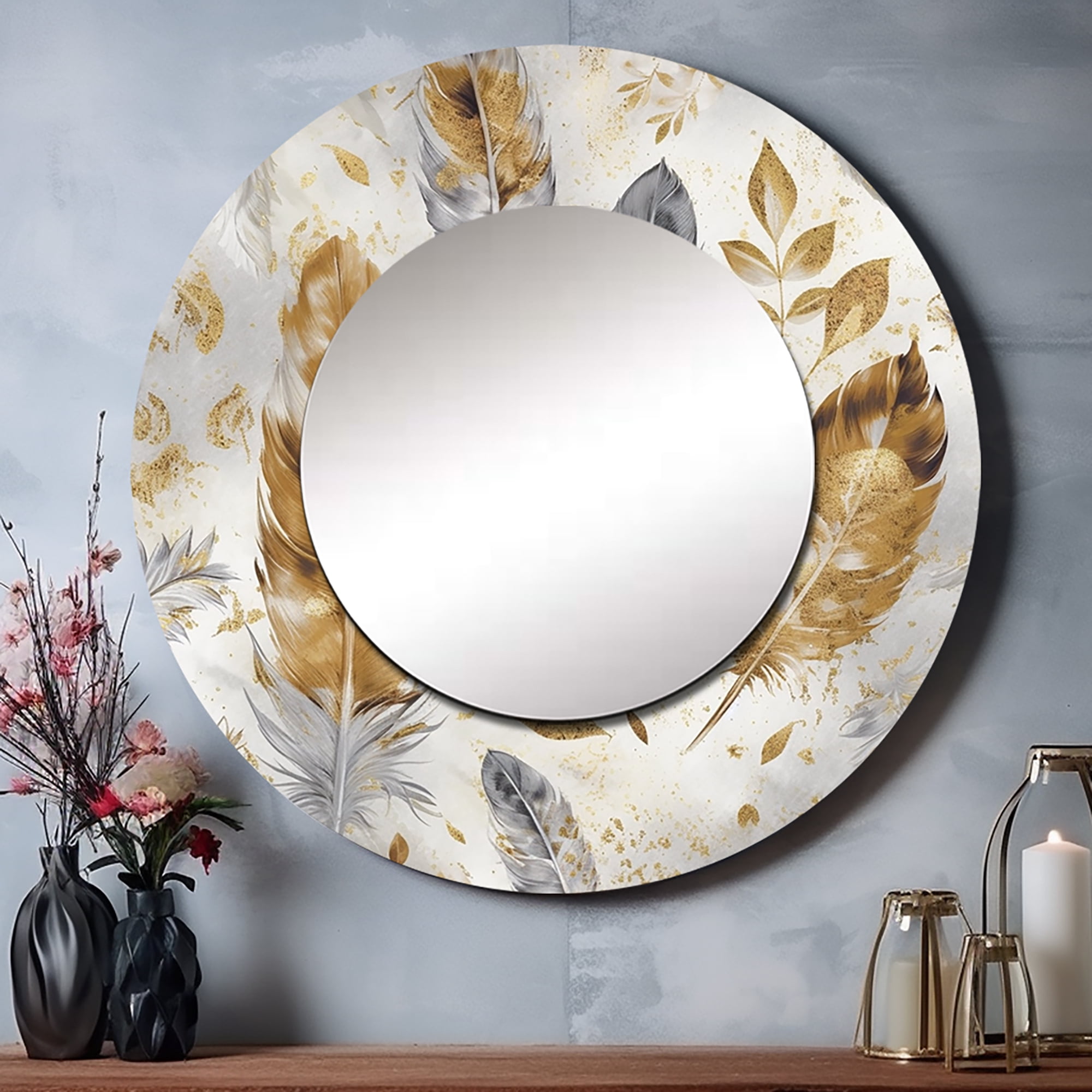 Designart "Bohemian Energy Gold and Silver Impressions" Boho Feather ...