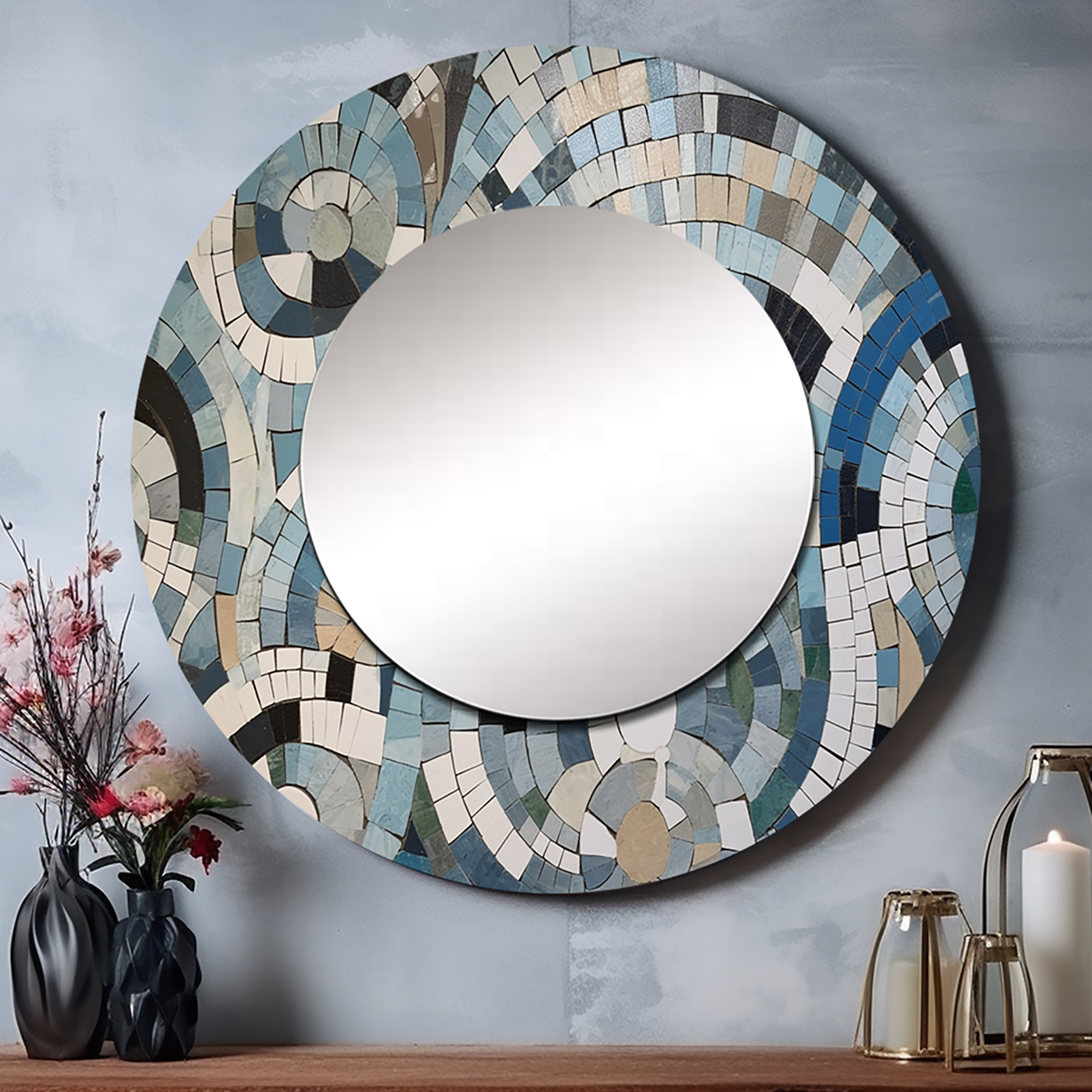 Designart "Bohemian Medley in Blue and White" Boho Mosaic Rund Mirror ...