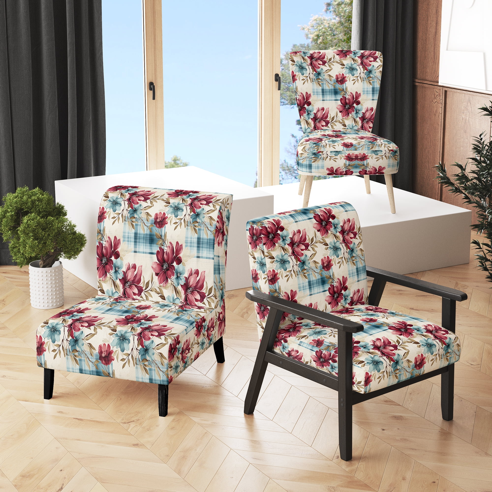 Designart "Bohemian Plaid Flowers In Pink And Blue" Red Bohemian ...