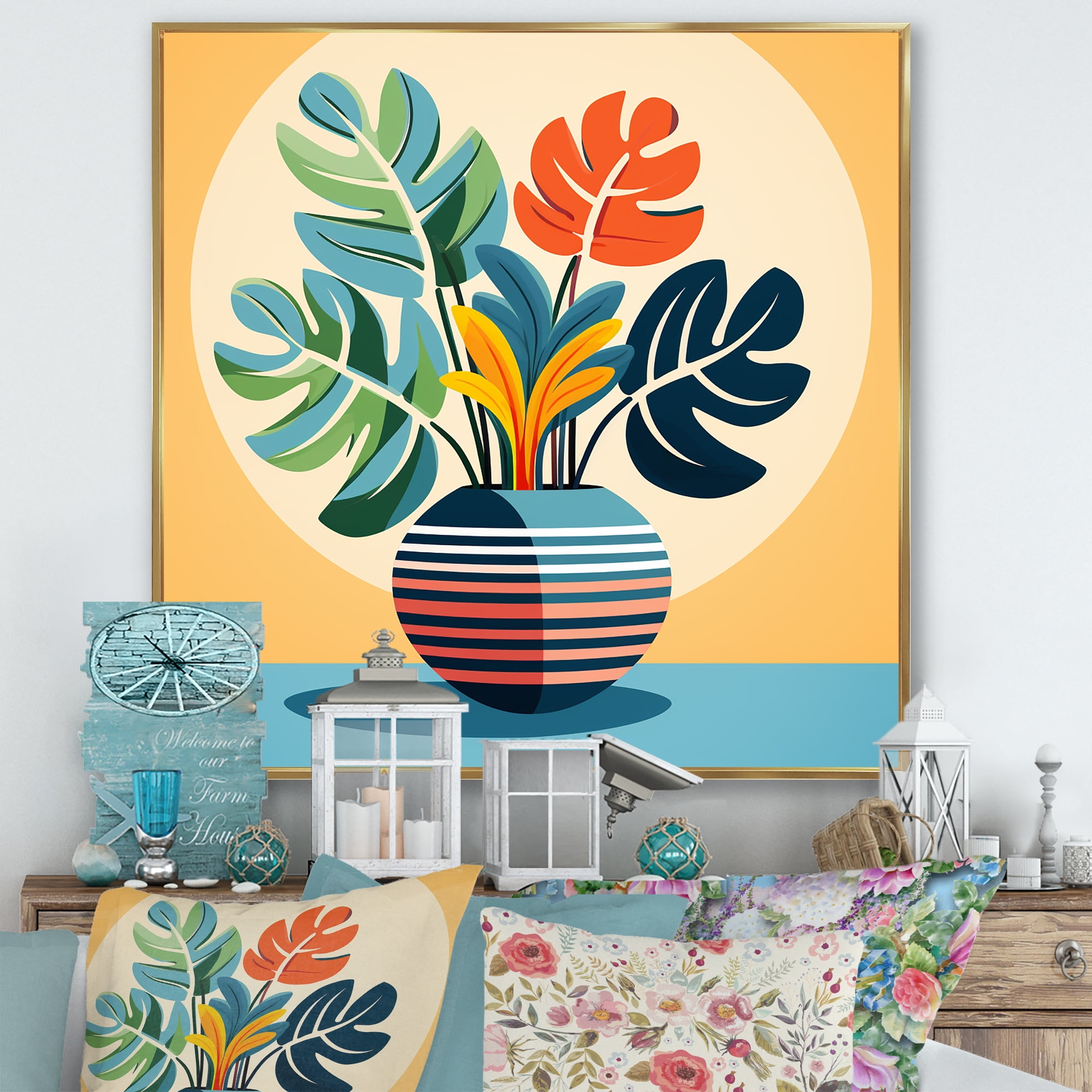 Designart "Bohemian Vase Pottery Blooms in Yellow and Blue II ...