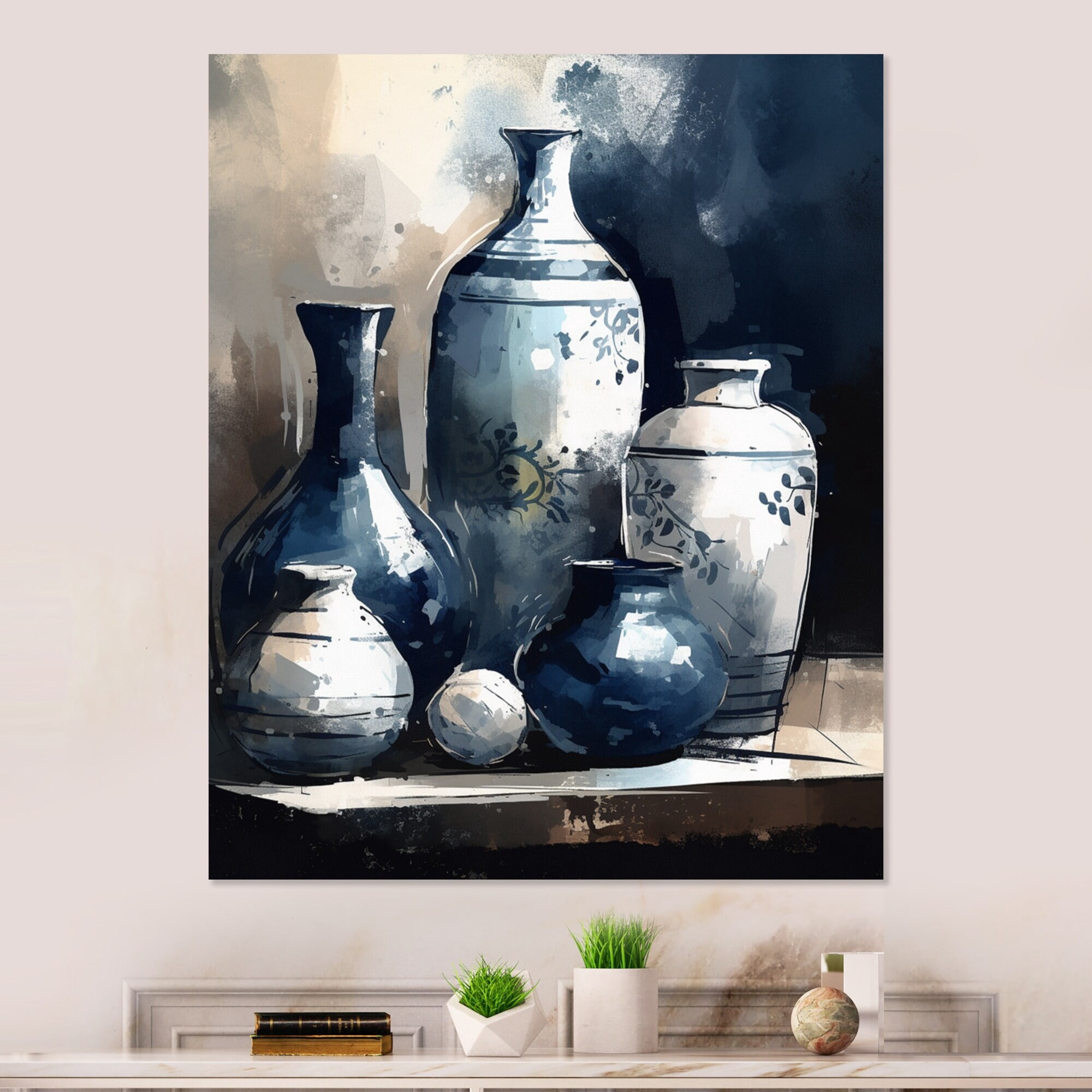 Designart "Bohemian Vibes Pottery Blue And Cream V" Boho Pottery Metal ...