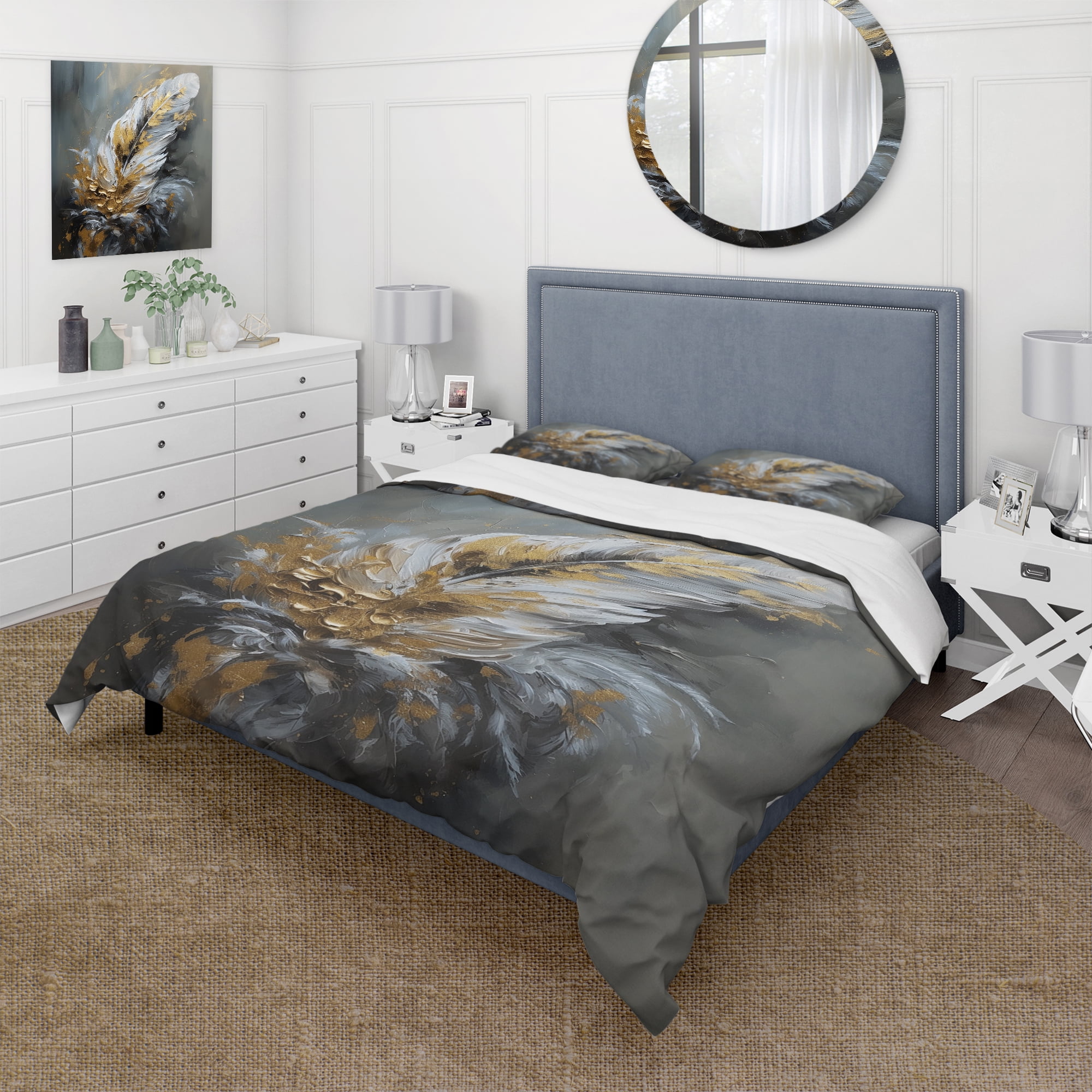 Designart "Boho Chic Feathers Gold IV" Glam Feather Bedding Covert Set ...