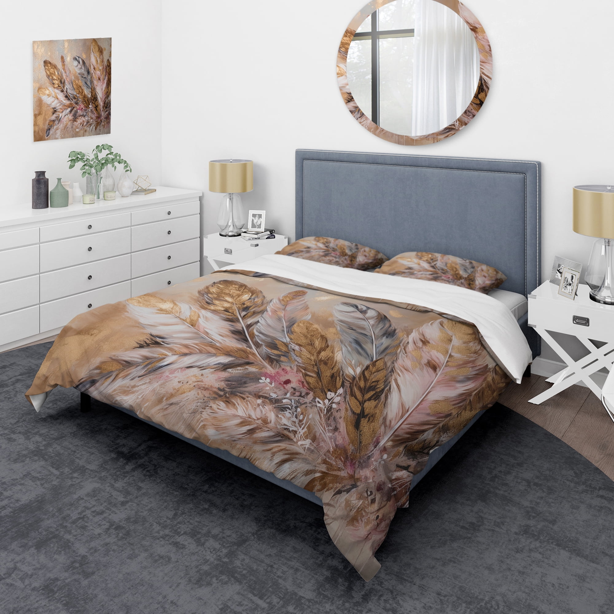 Designart "Boho Majesty with Gold Feathers" Glam Feather Bedding Covert ...