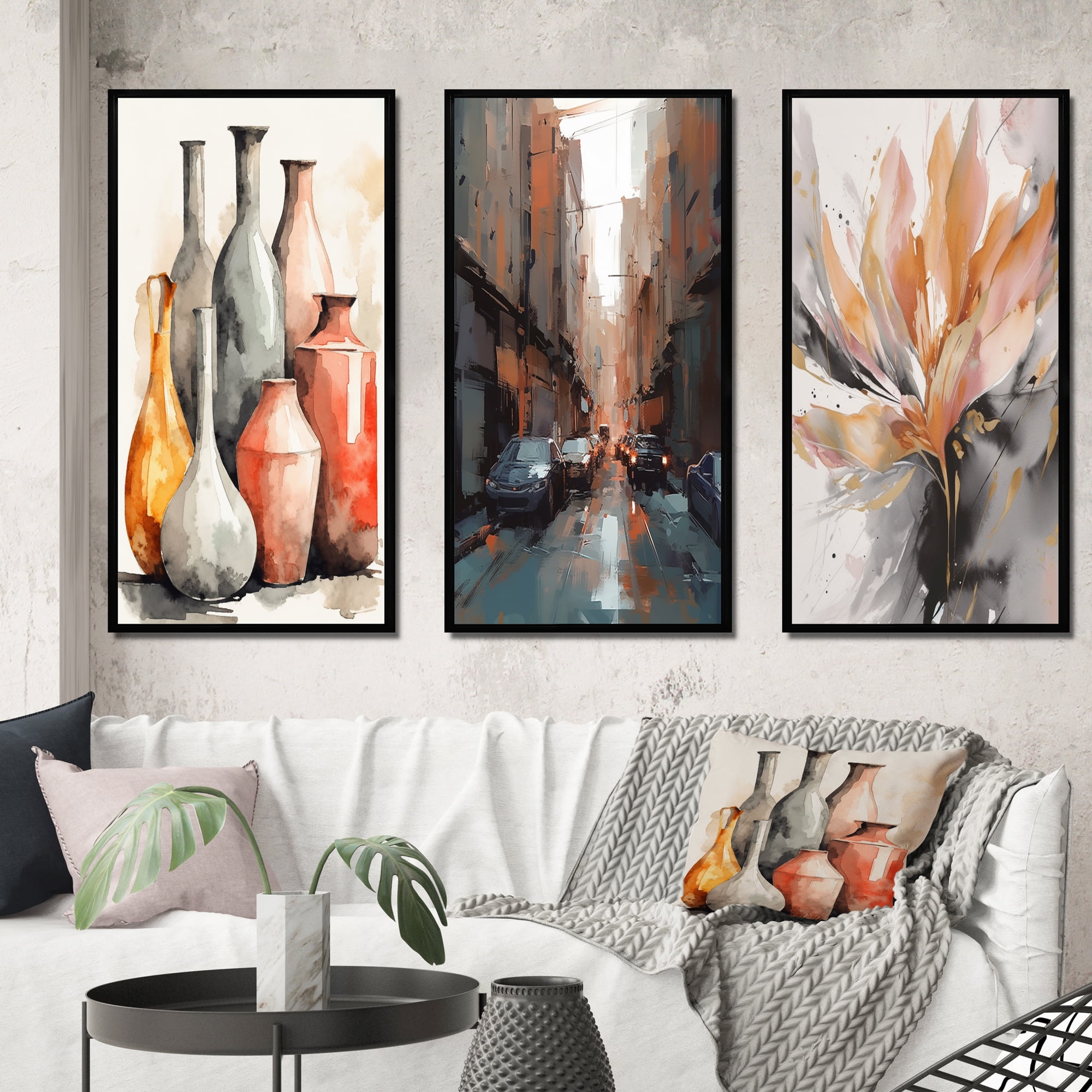 Designart "Boho Pottery Vase Artistry in Orange and Grey" Boho Pottery ...