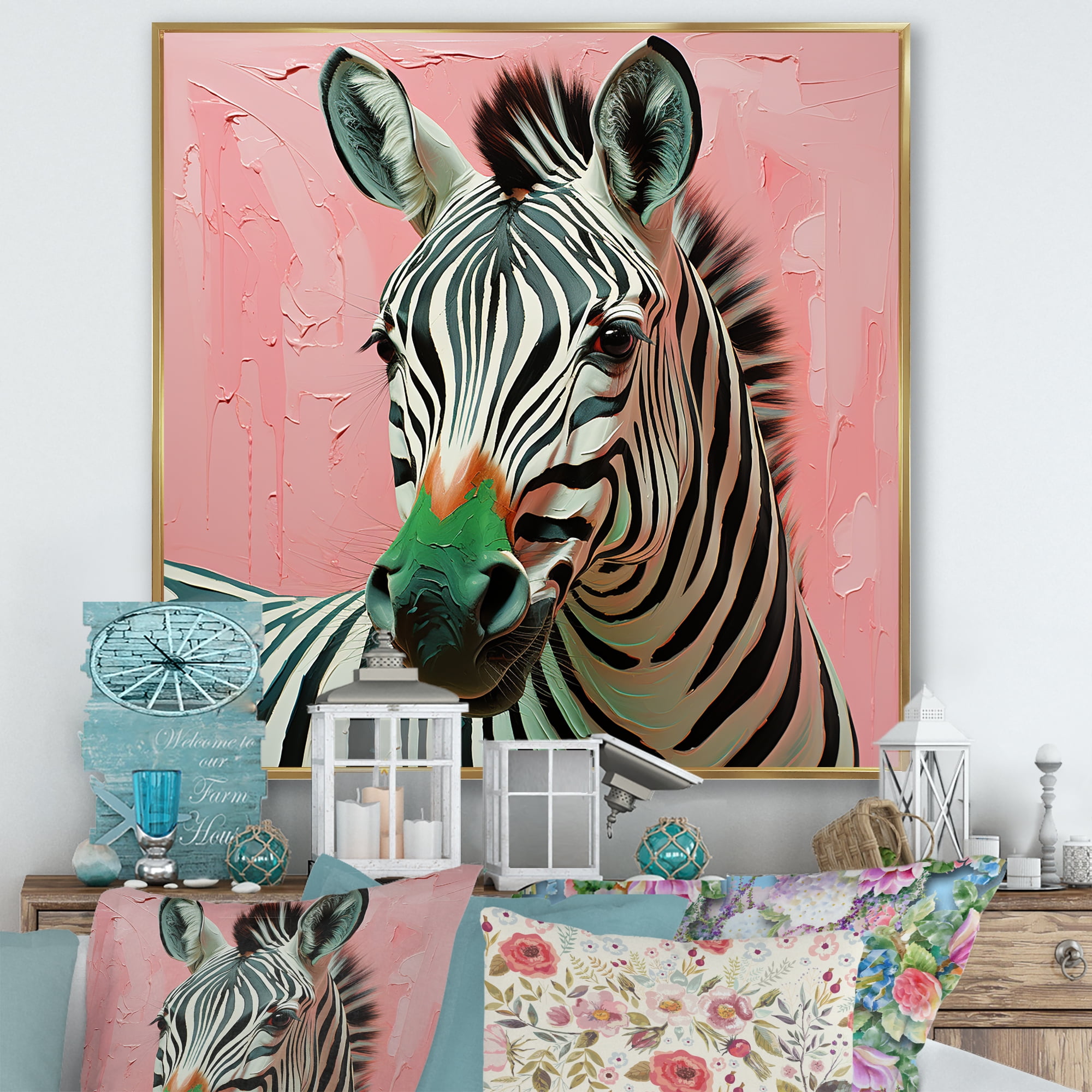 Designart "Boho Zebra in Pink and Green I" Animals Framed Wall Art ...