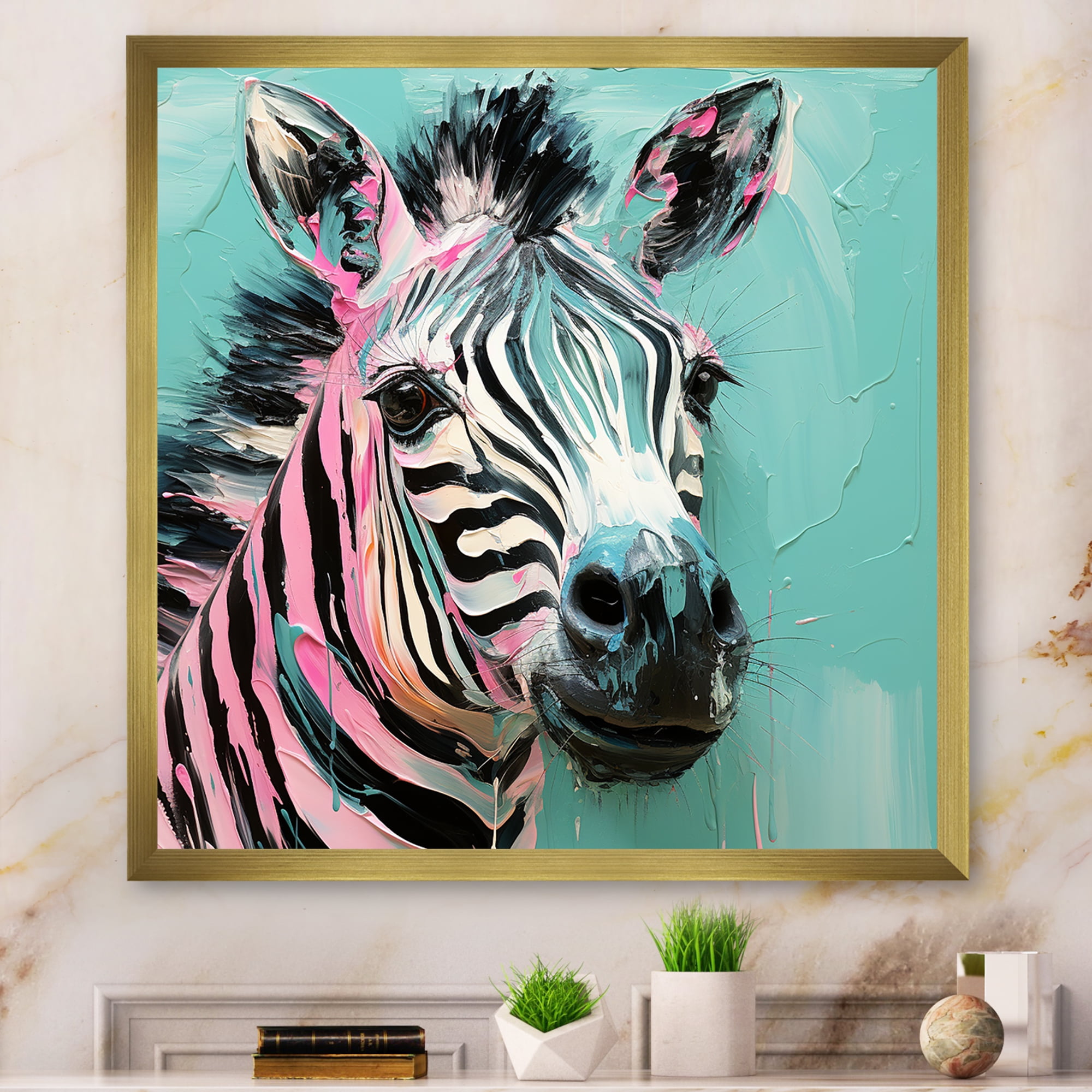 Designart "Boho Zebra in Pink and Green II" Animals Framed Wall Art ...
