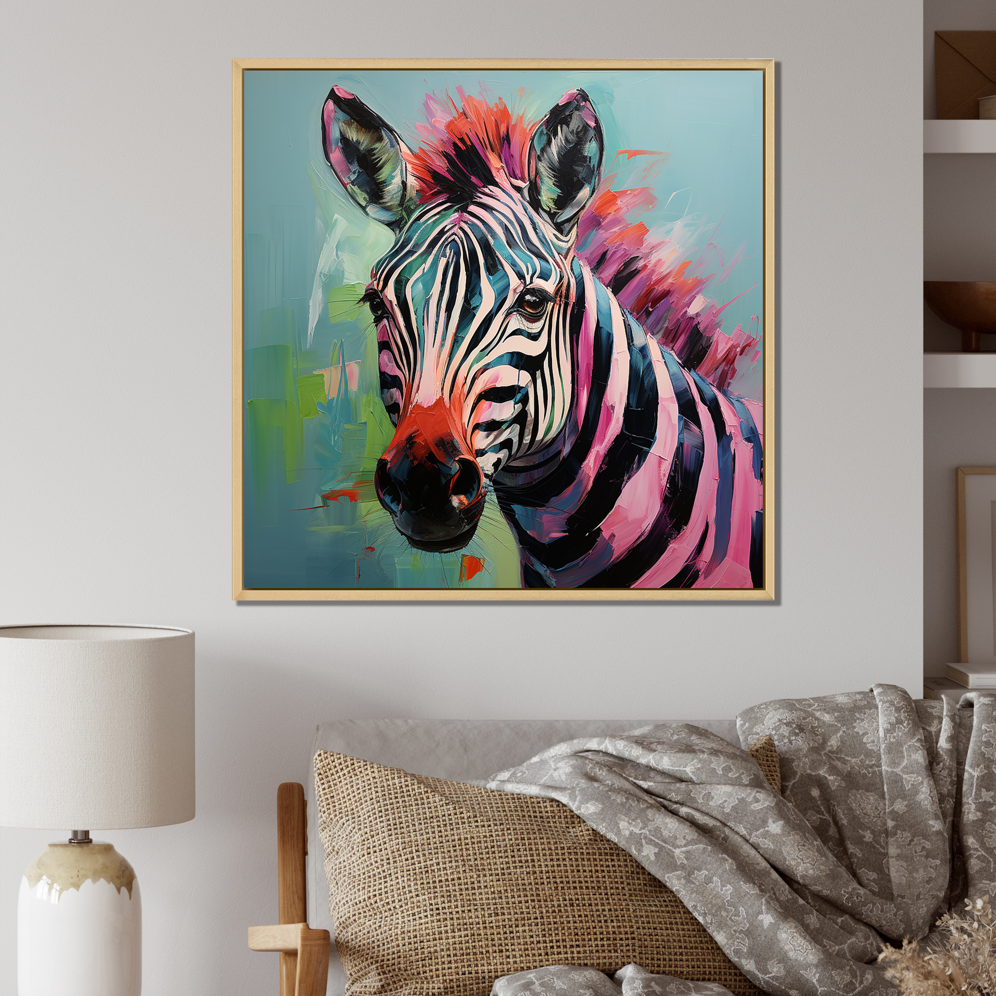 Designart "Boho Zebra in Pink and Green III" Animals Framed Wall Art ...