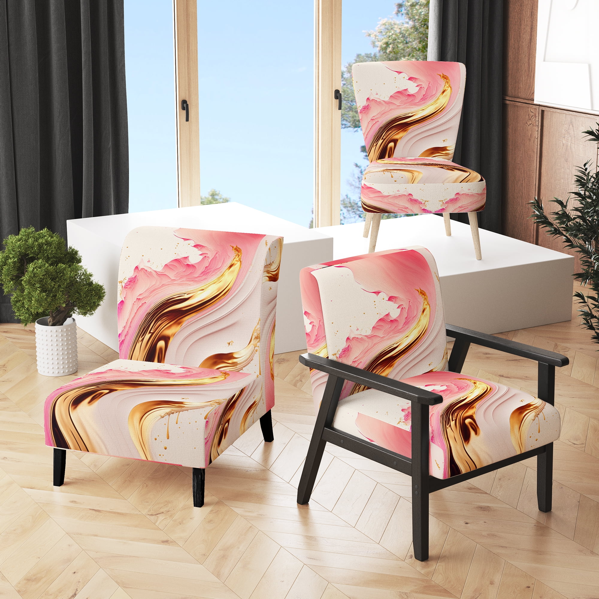 Designart "Bold Flowing Pink and Gold III" Pink Bold Upholstered Accent ...