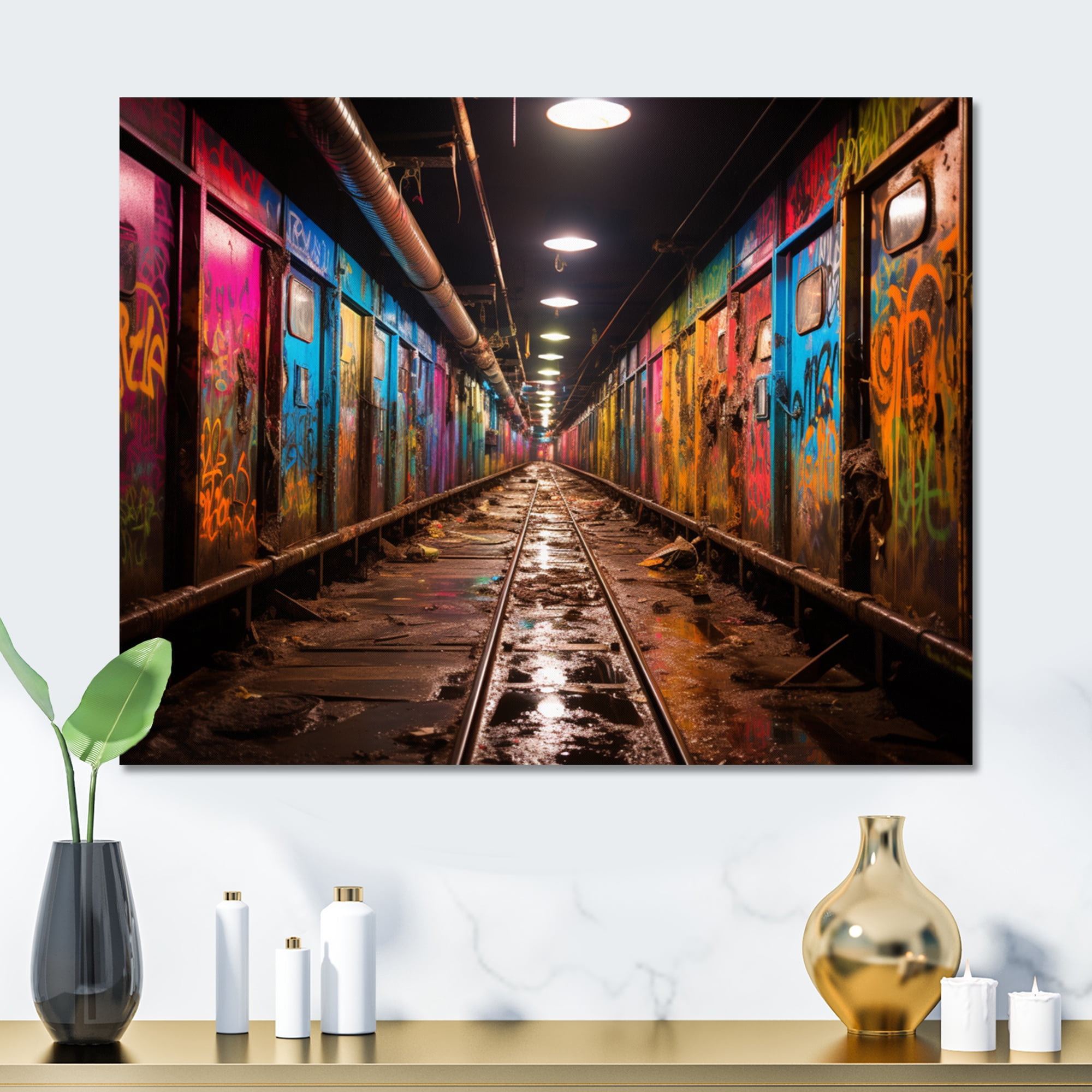 Designart "Bold Graffiti Tunnel Oasis" Tunnels Metal Art Living Room ...