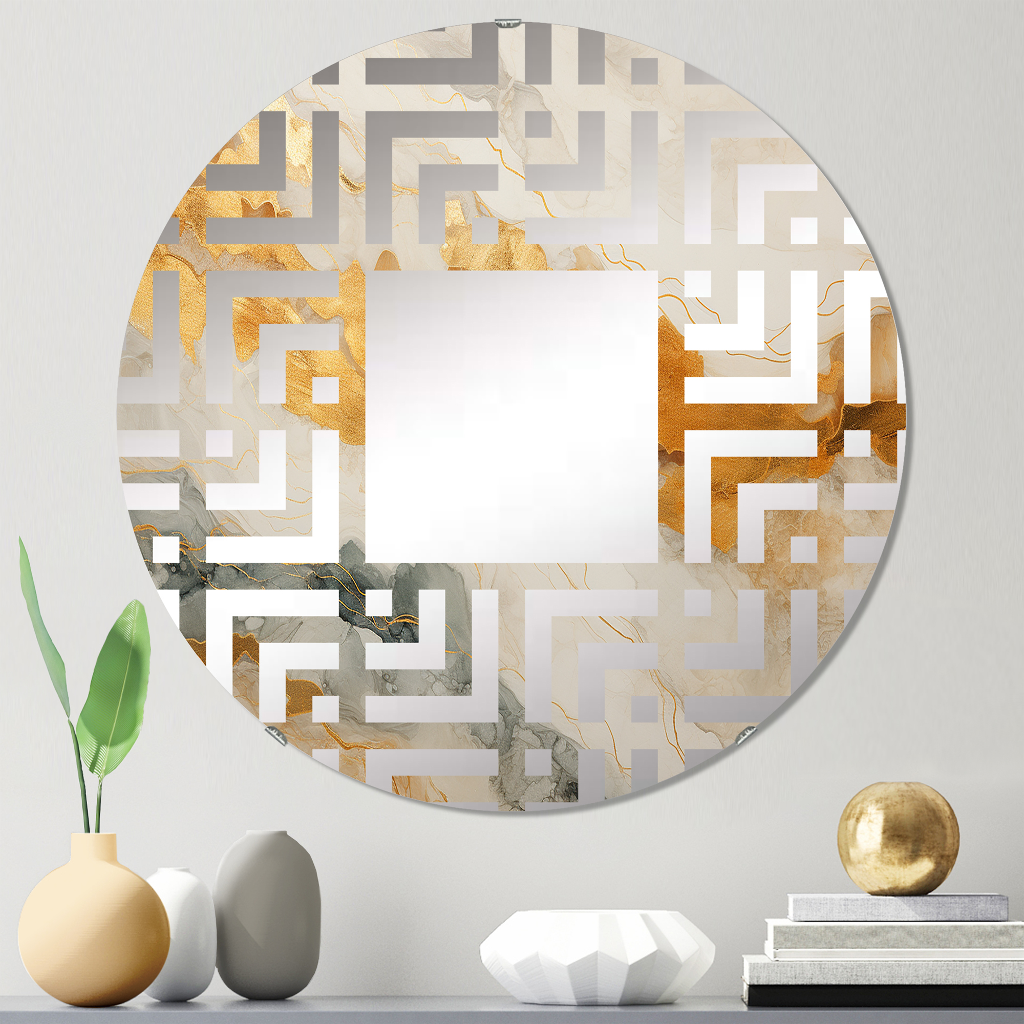 Designart "Bold Mountain Glacier in Beige and Gold I" Forest Maze Round ...