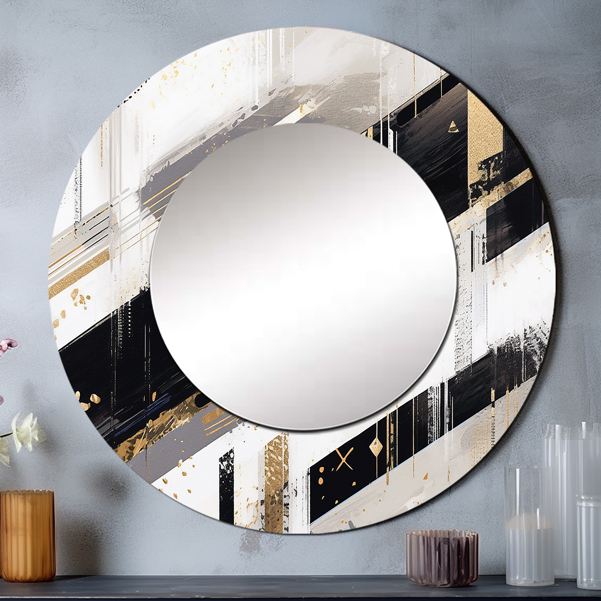 Designart "Bold Stripes Gold Black Composition" Cubism Rund Mirror For ...