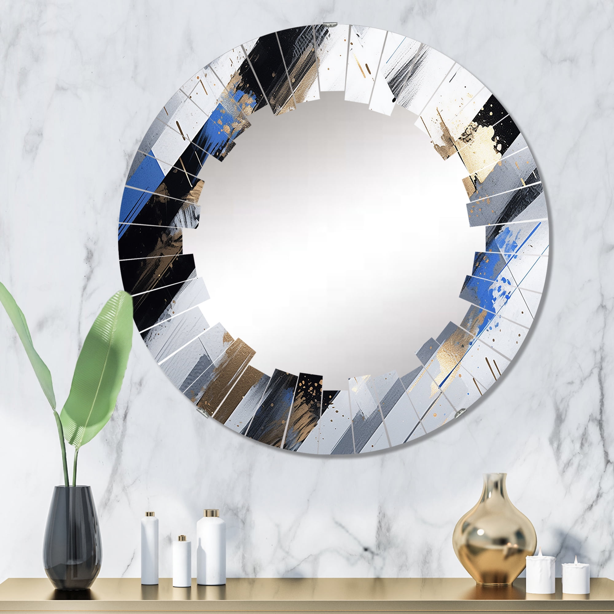 Designart "Bold Stripes in Blue and Gold I" Cubism Round Wall Mirror ...