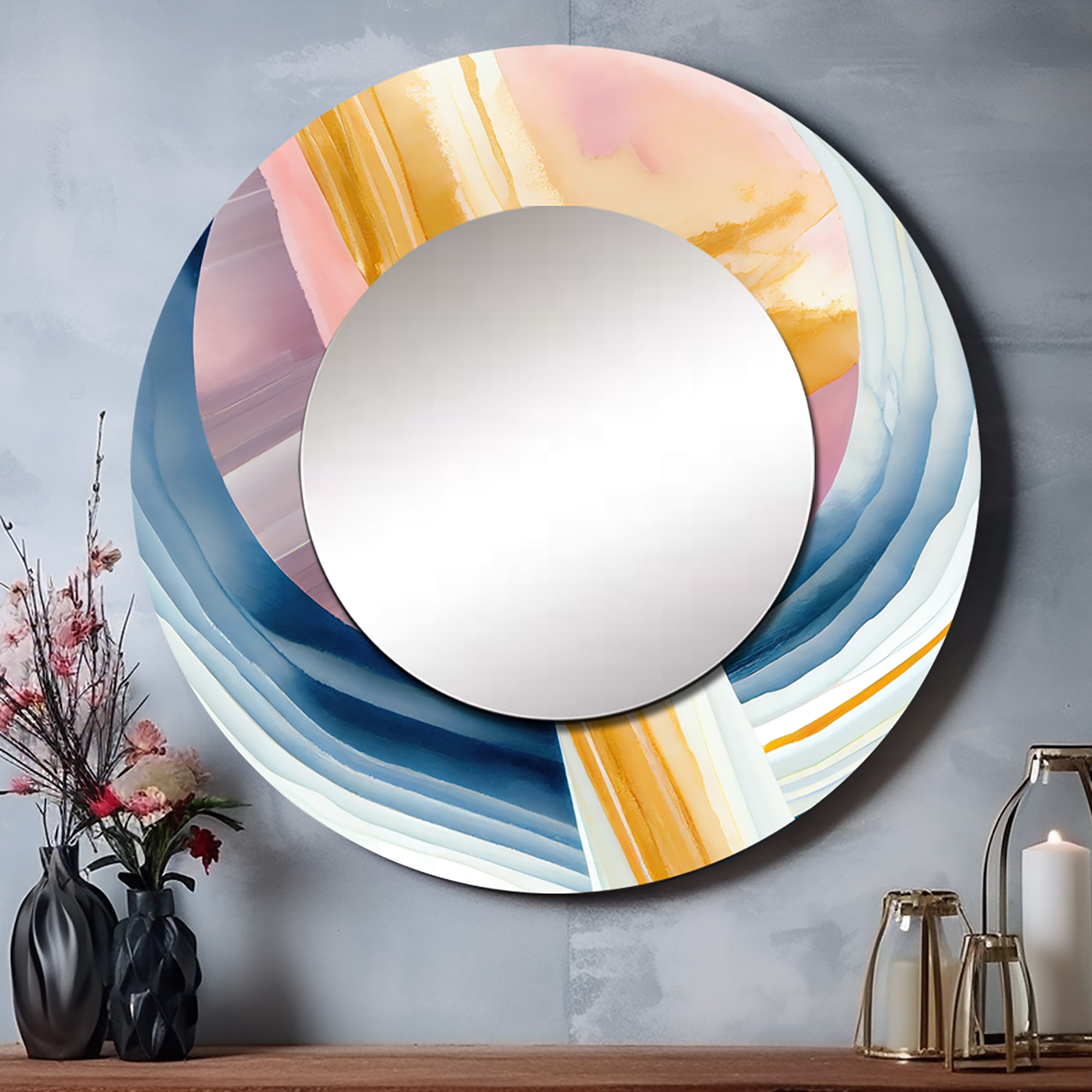 Designart "Bold Stroke of Golden Brilliance I" Abstract Rund Mirror For ...