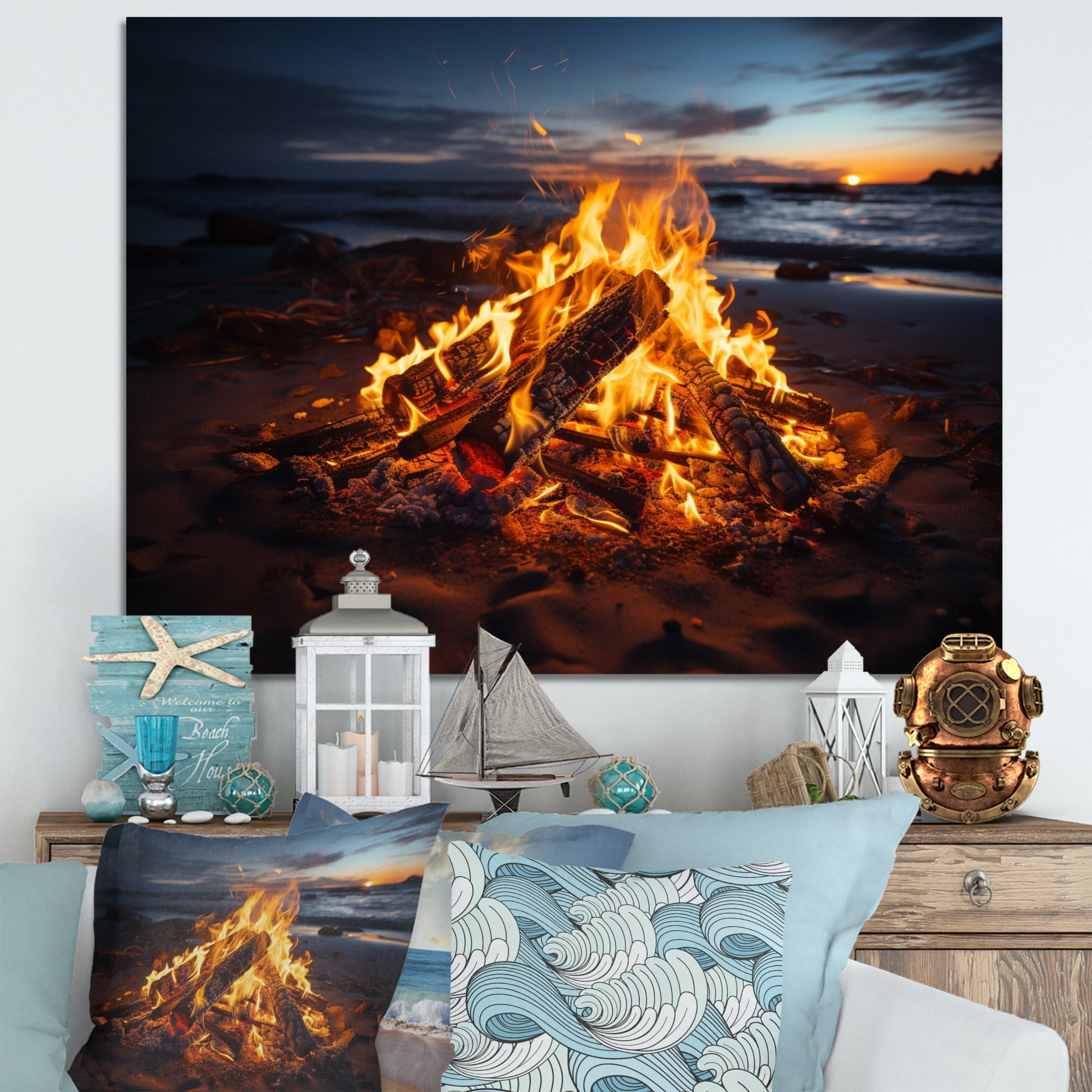 Designart "Bonfire by the Coastal Beachside I" Nautical & Beach Canvas ...