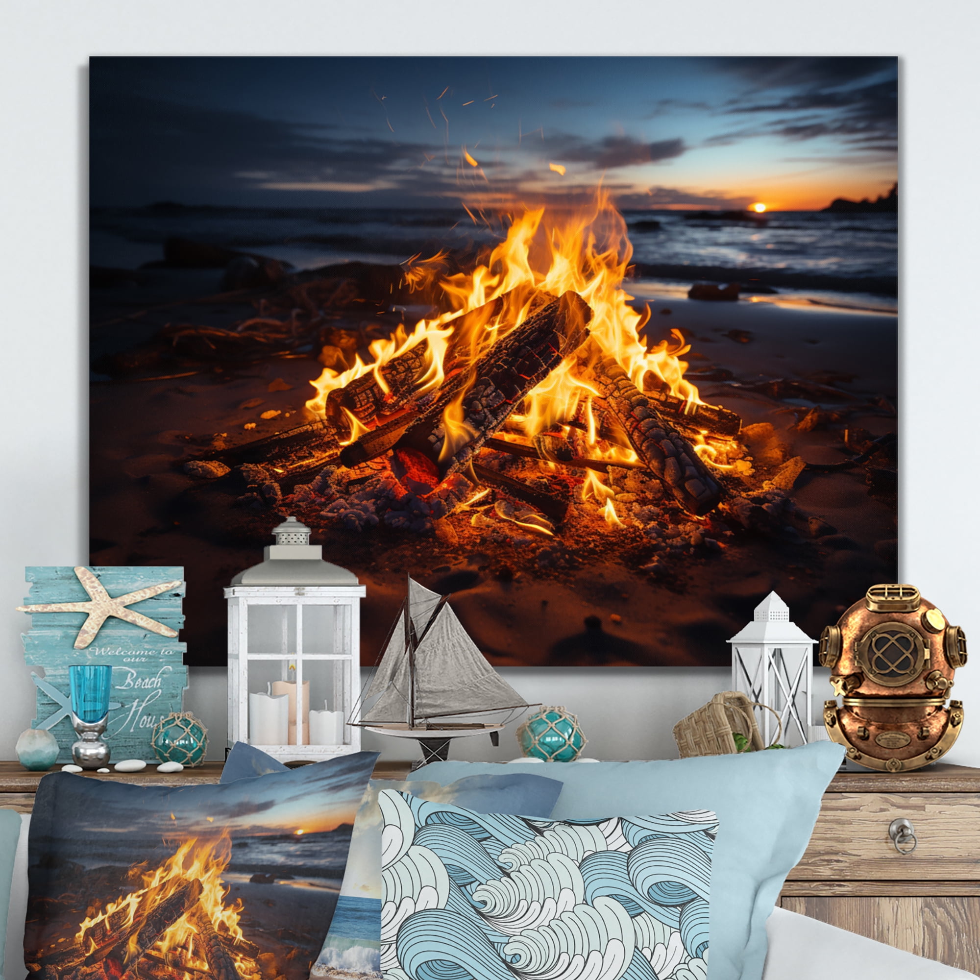 Designart "Bonfire by the Coastal Beachside I" Nautical & Beach Metal ...