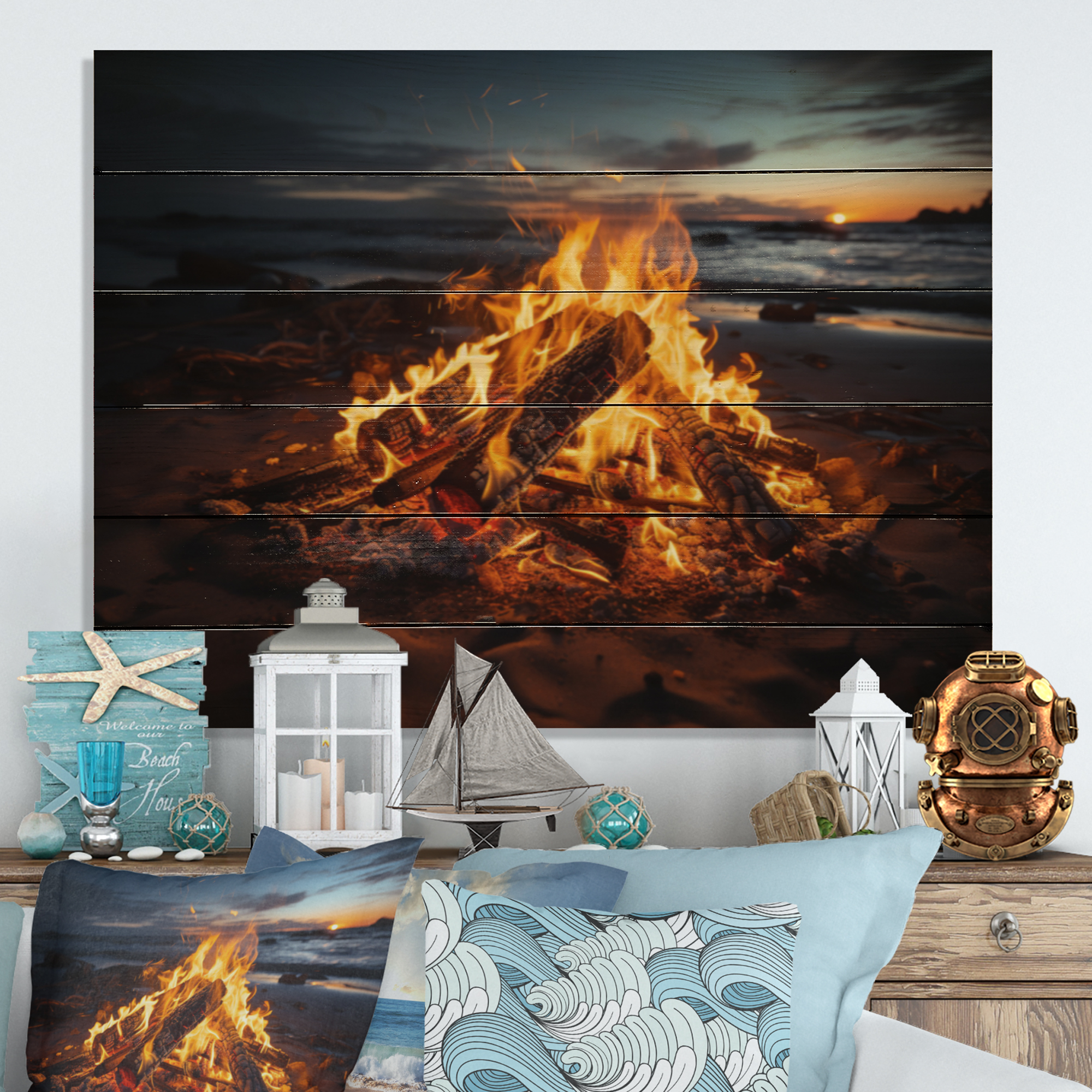 Designart "Bonfire by the Coastal Beachside I" Nautical & Beach Print ...
