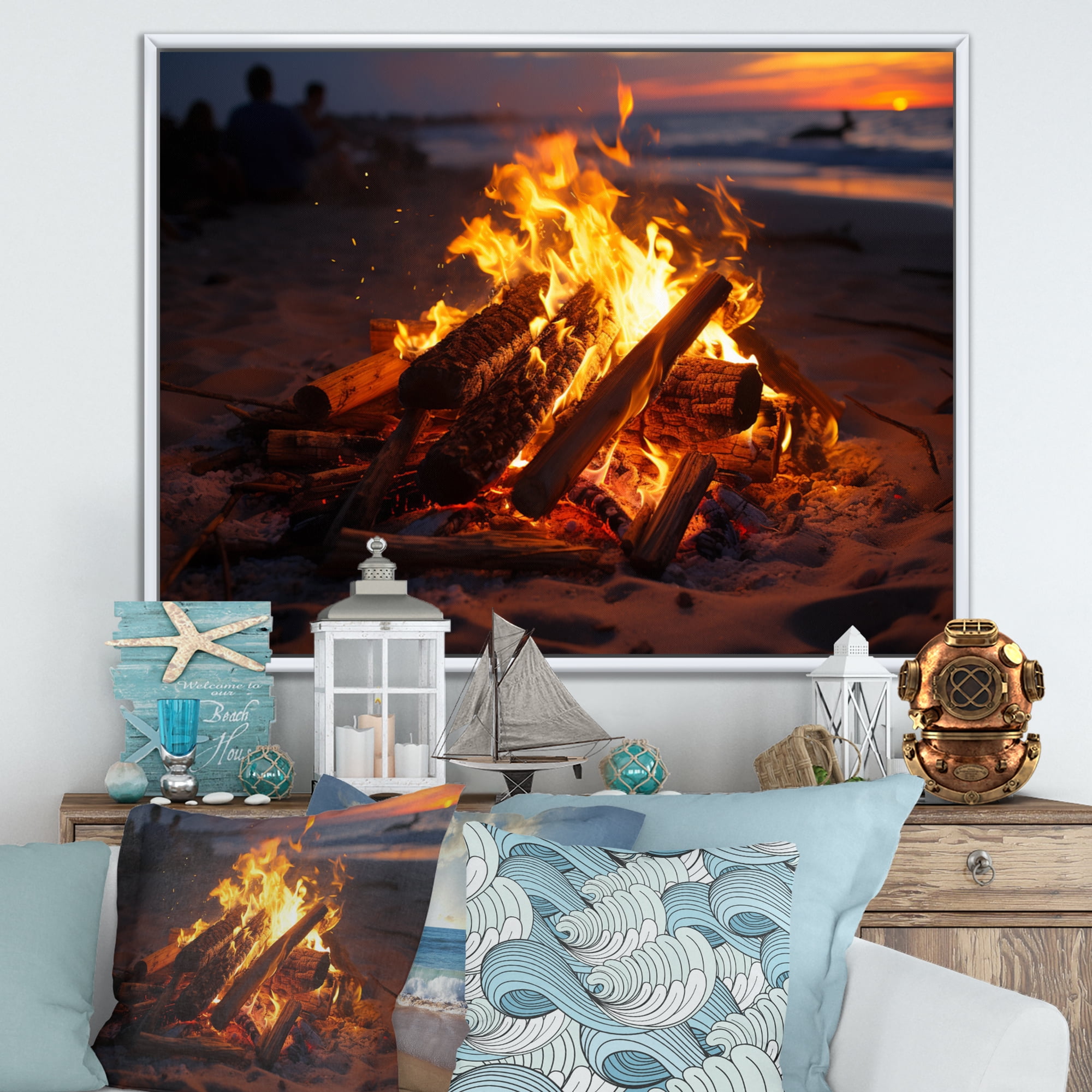 Designart "Bonfire on the Beach in a Photo III" Nautical & Beach ...