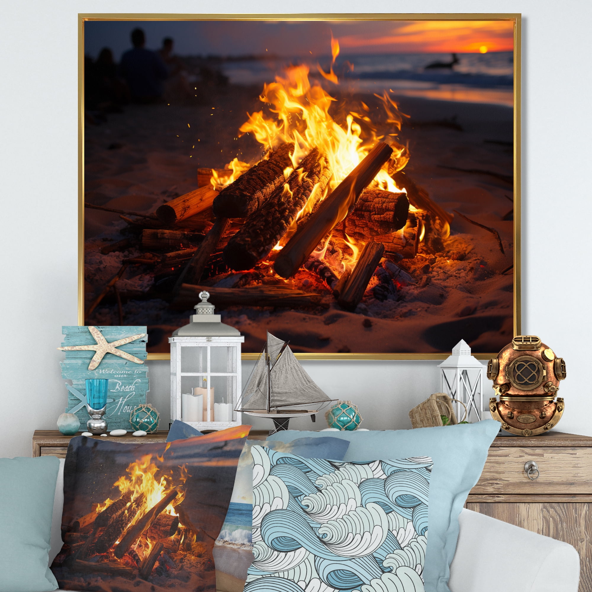 Designart "Bonfire on the Beach in a Photo III" Nautical & Beach ...