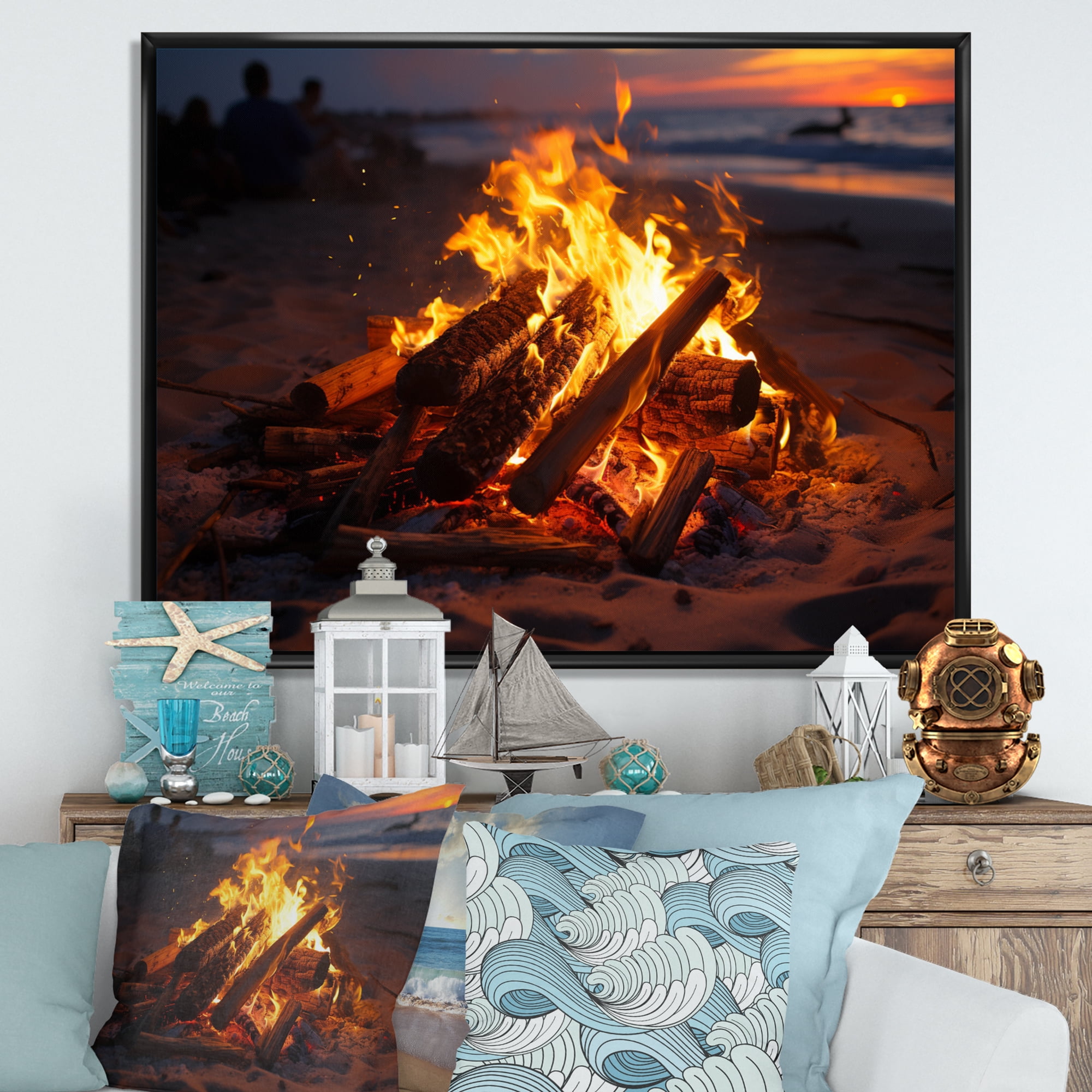 Designart "Bonfire on the Beach in a Photo III" Nautical & Beach ...