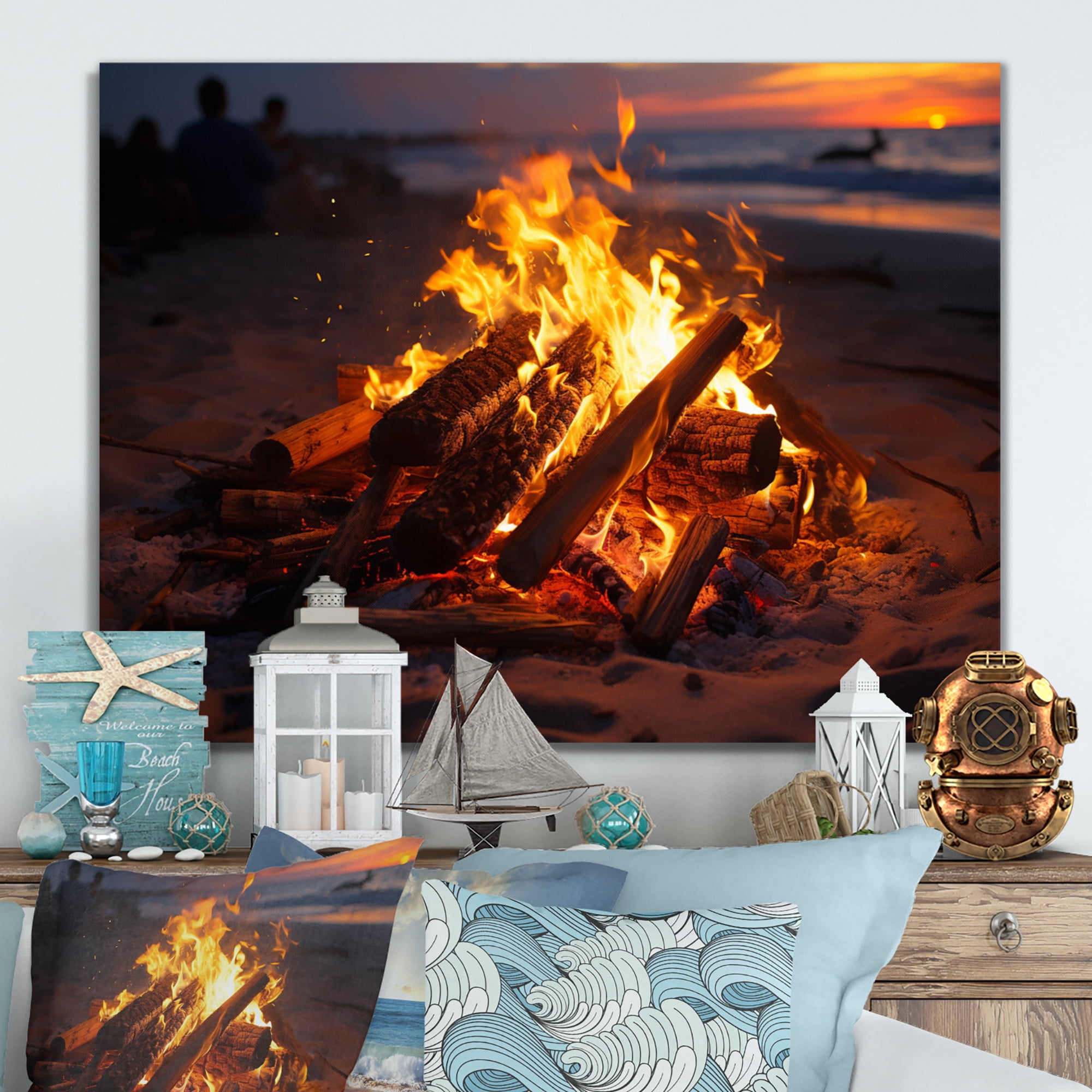 Designart "Bonfire on the Beach in a Photo III" Nautical & Beach Metal ...