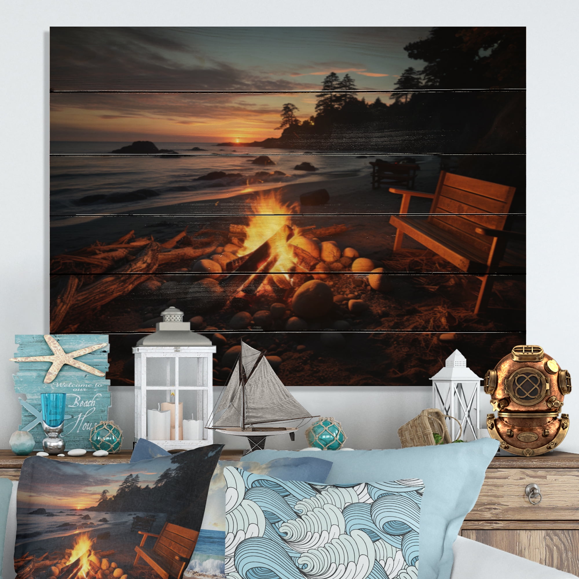 Designart "Bonfire on the Beach in a Photo IV" Nautical & Beach Print ...