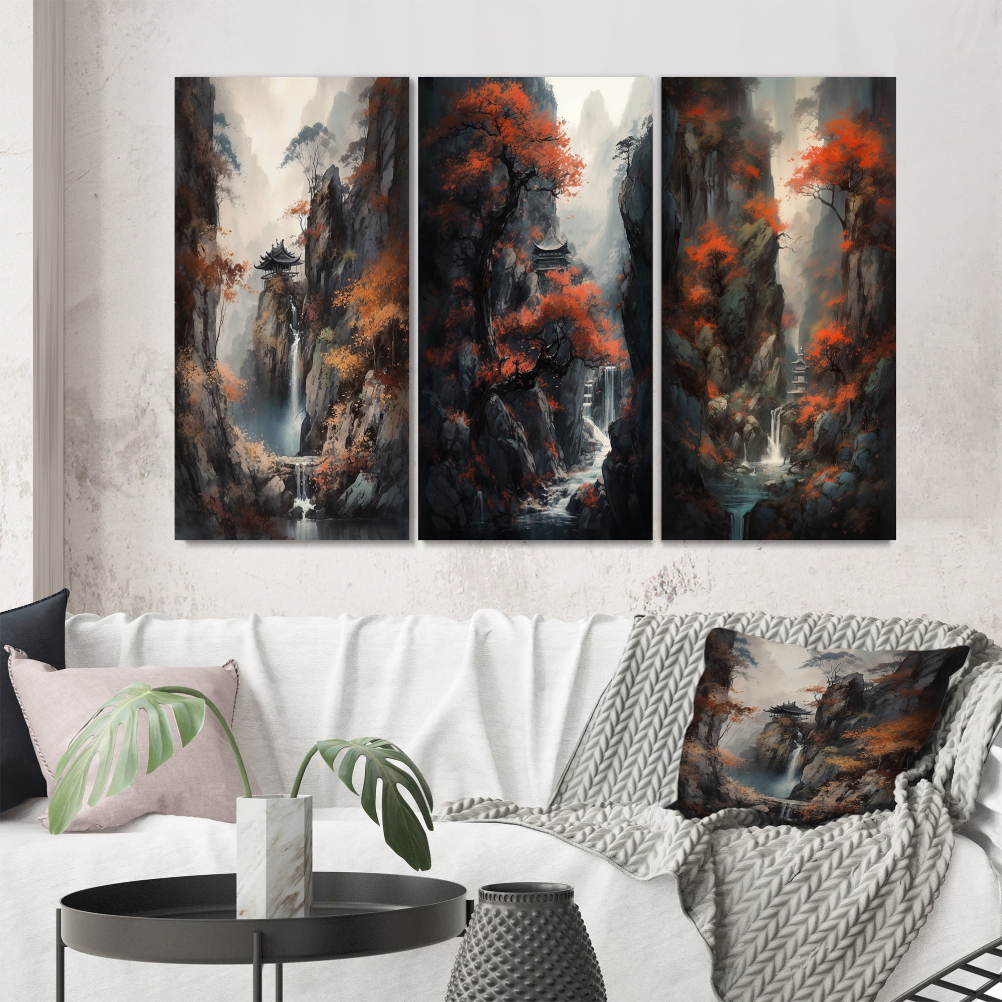 Designart "Botanical Trees in Cascade IV" Tree Floral Wall Art Set Of 3 ...
