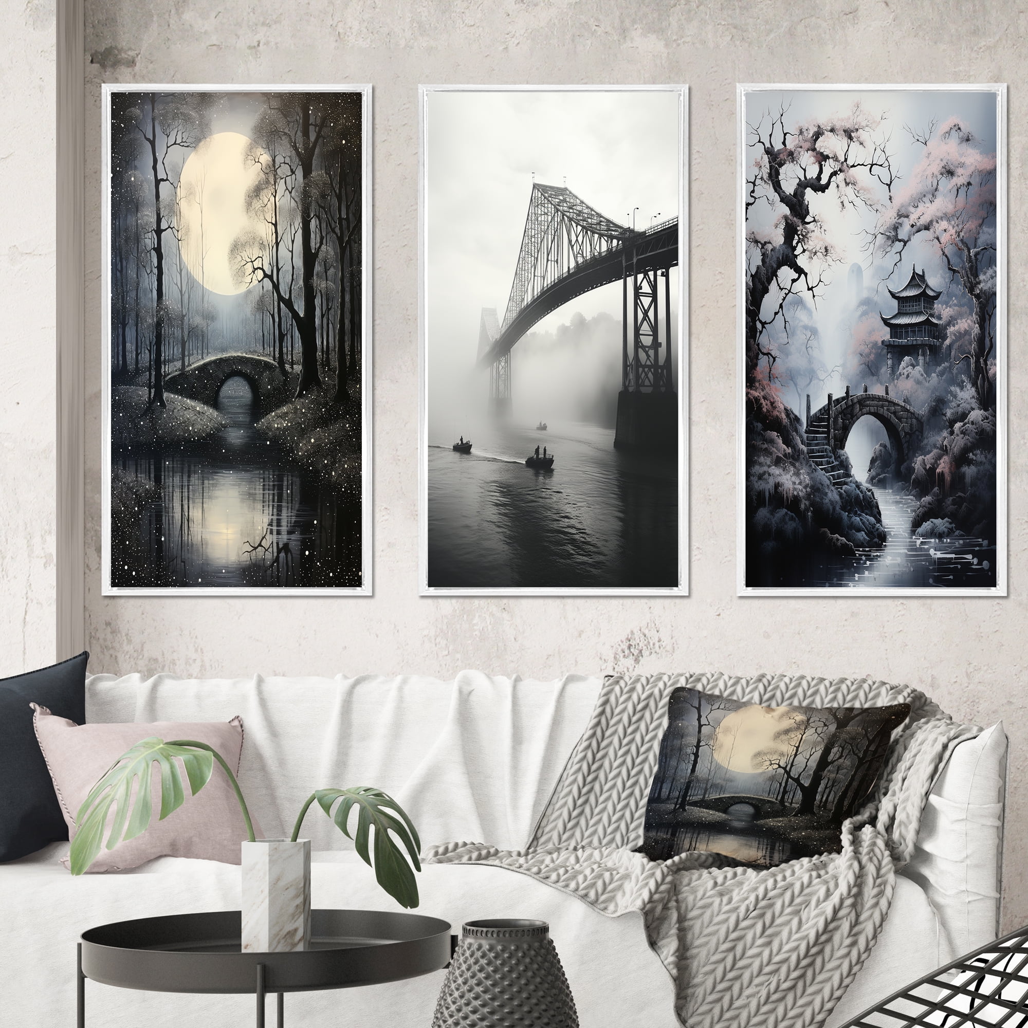 Designart "Bridge Shrouded in Fog III" Cityscapes Framed Wall Art Set ...