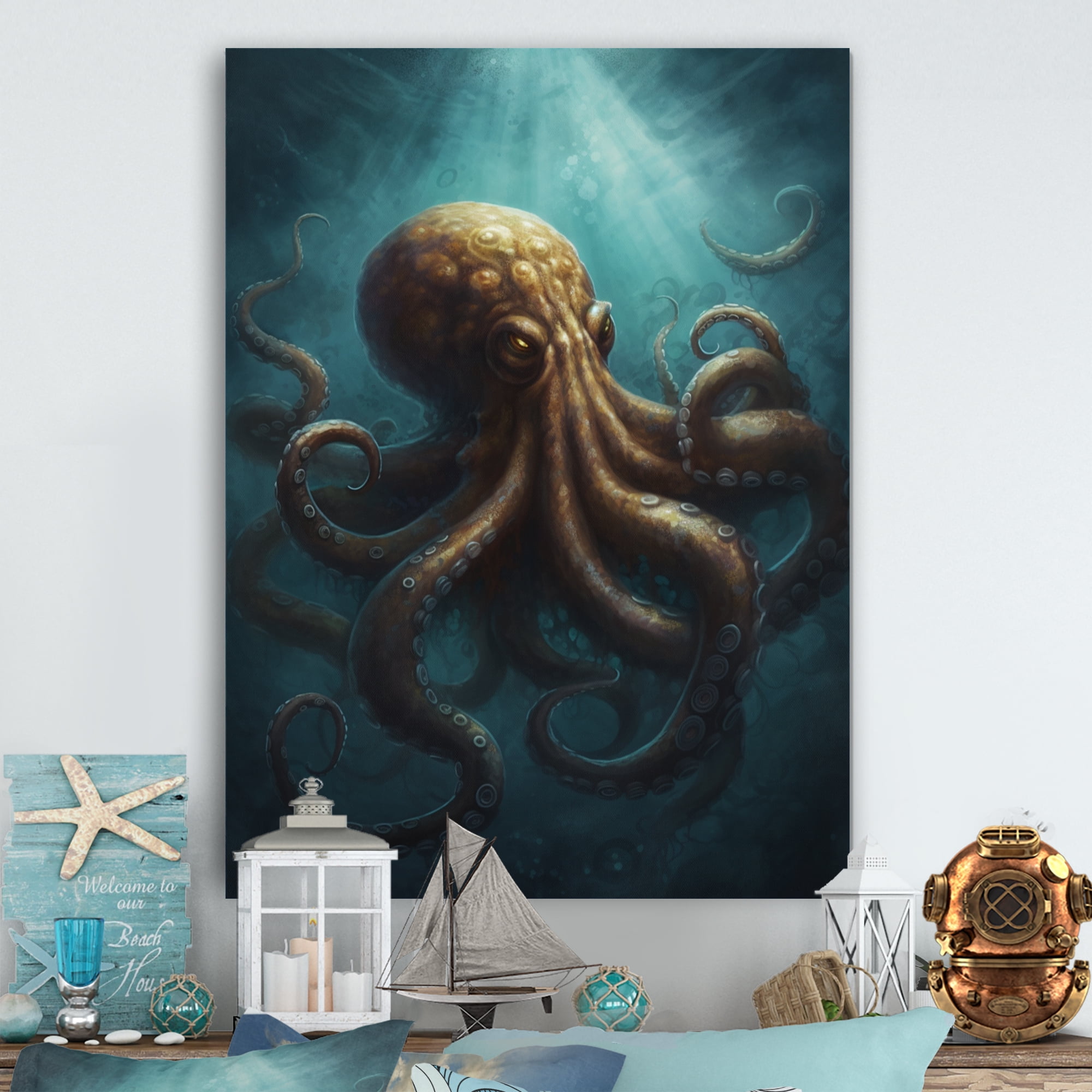 Designart "Brown Blue Octopus Under The Sea" Animals Octopus Wall Art ...