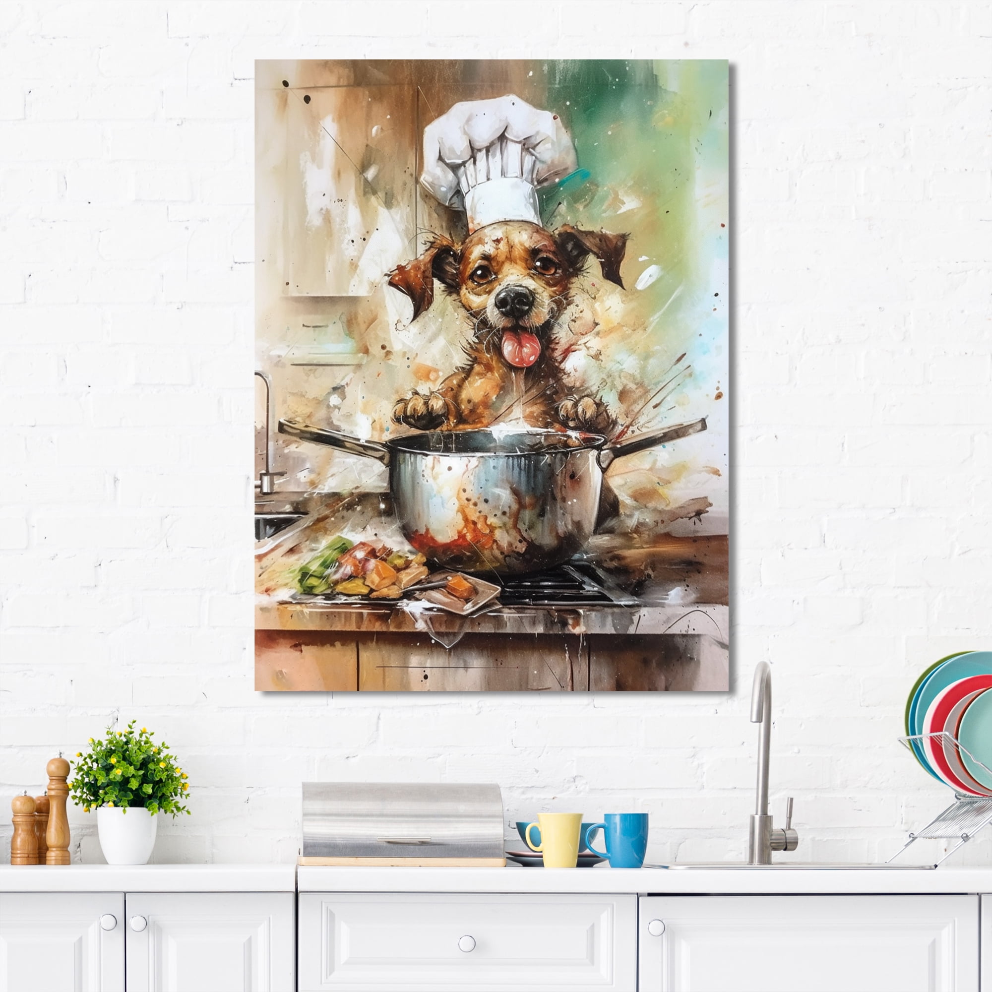 Designart "Brown Dog Chef In Kitchen" Animals Dog Kitchen Wall Decor ...