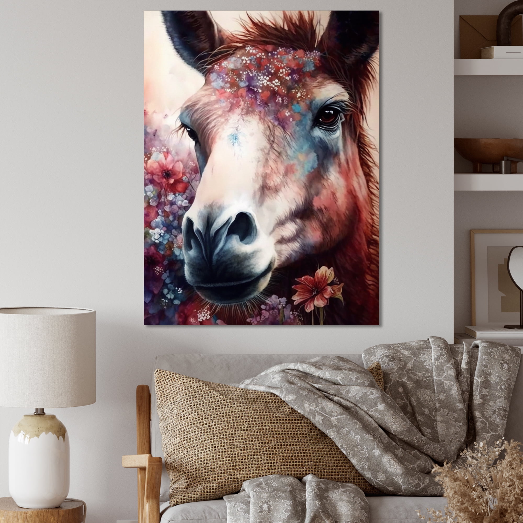 Designart "Brown Portrait Donkey With Flowers III" Animal Donkey Wall ...