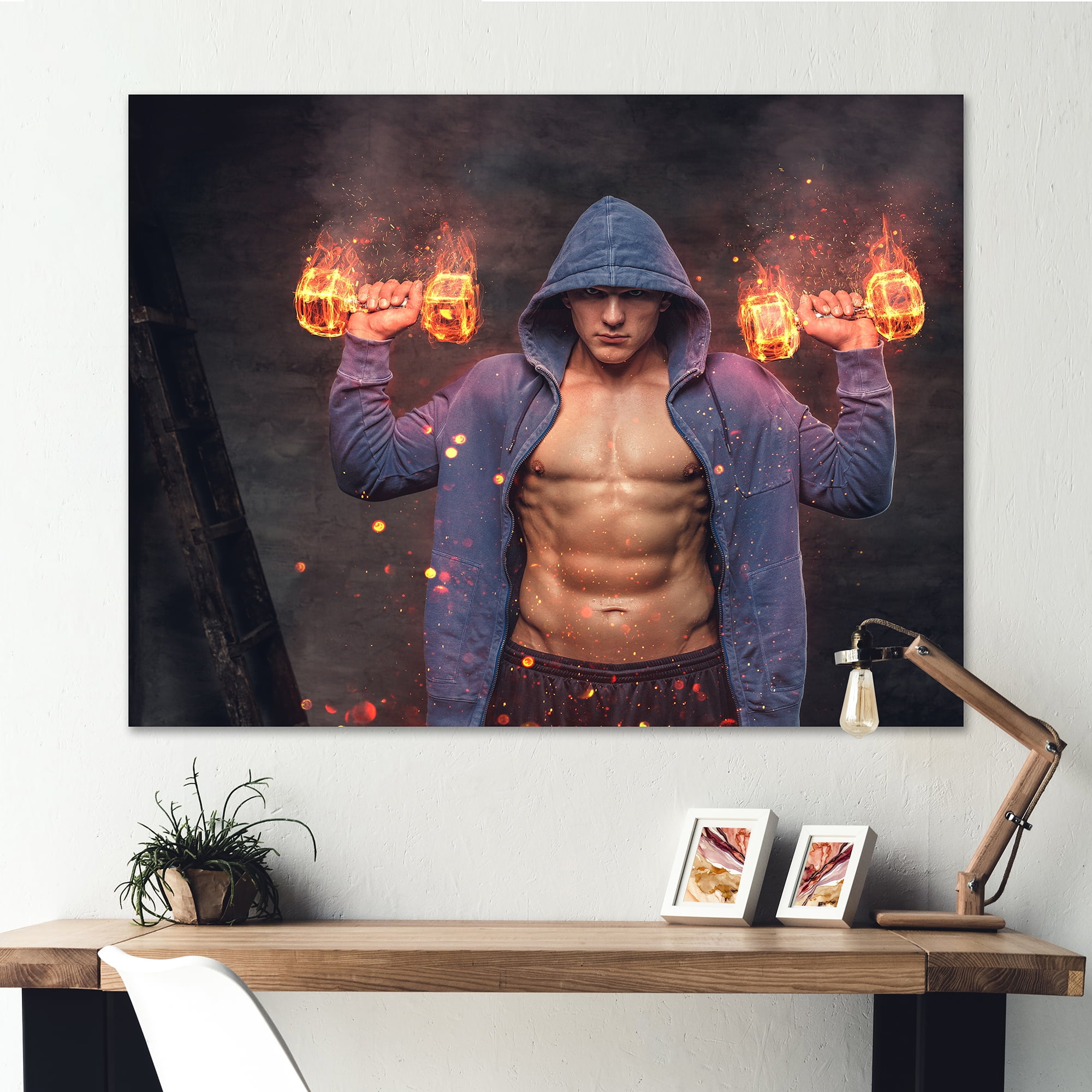 Designart "Builder With Fiery Dumbbells" Aerobic & Bodybuilding Wall ...