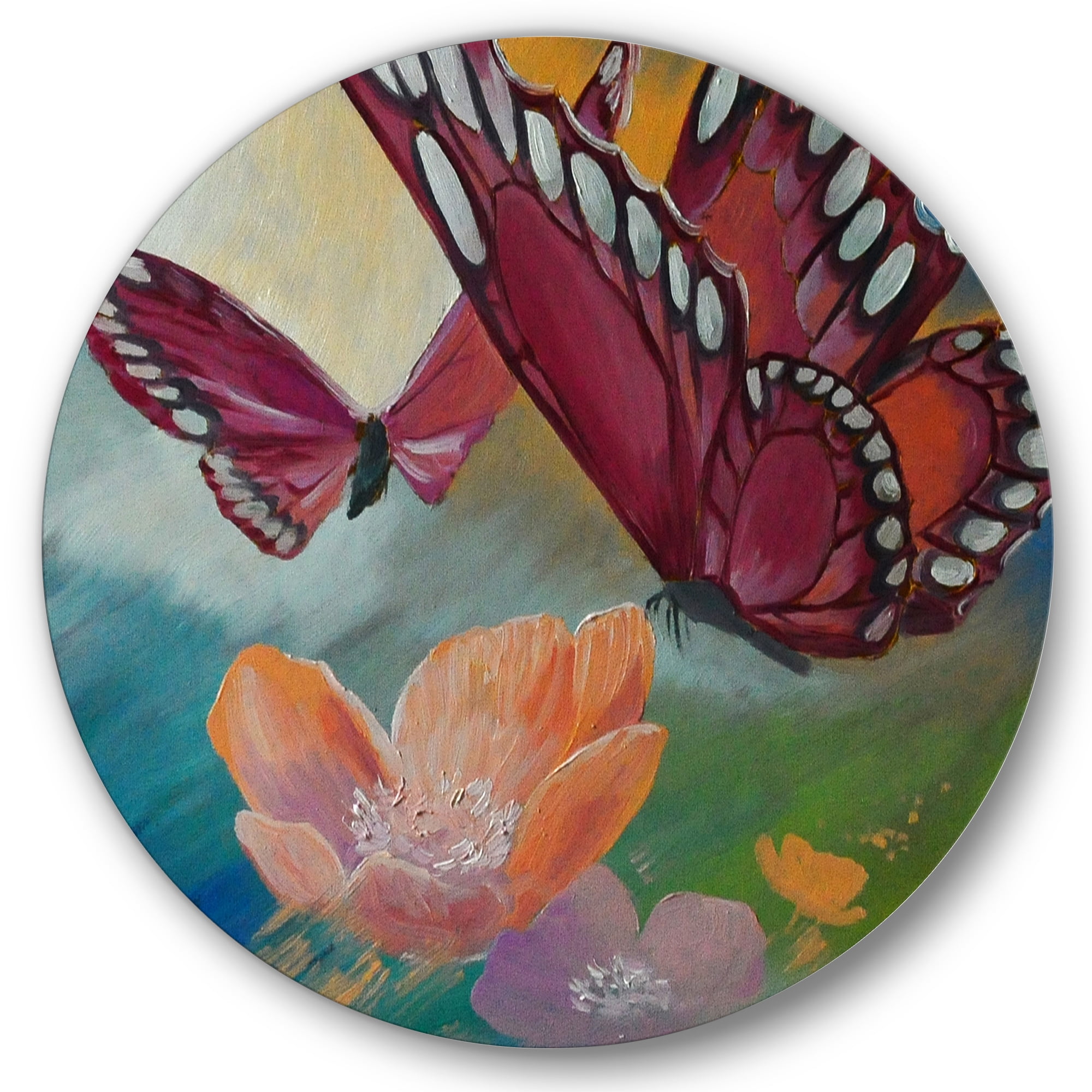 Designart 'Butterflies On Pink Flowers' Traditional Circle Metal Wall ...