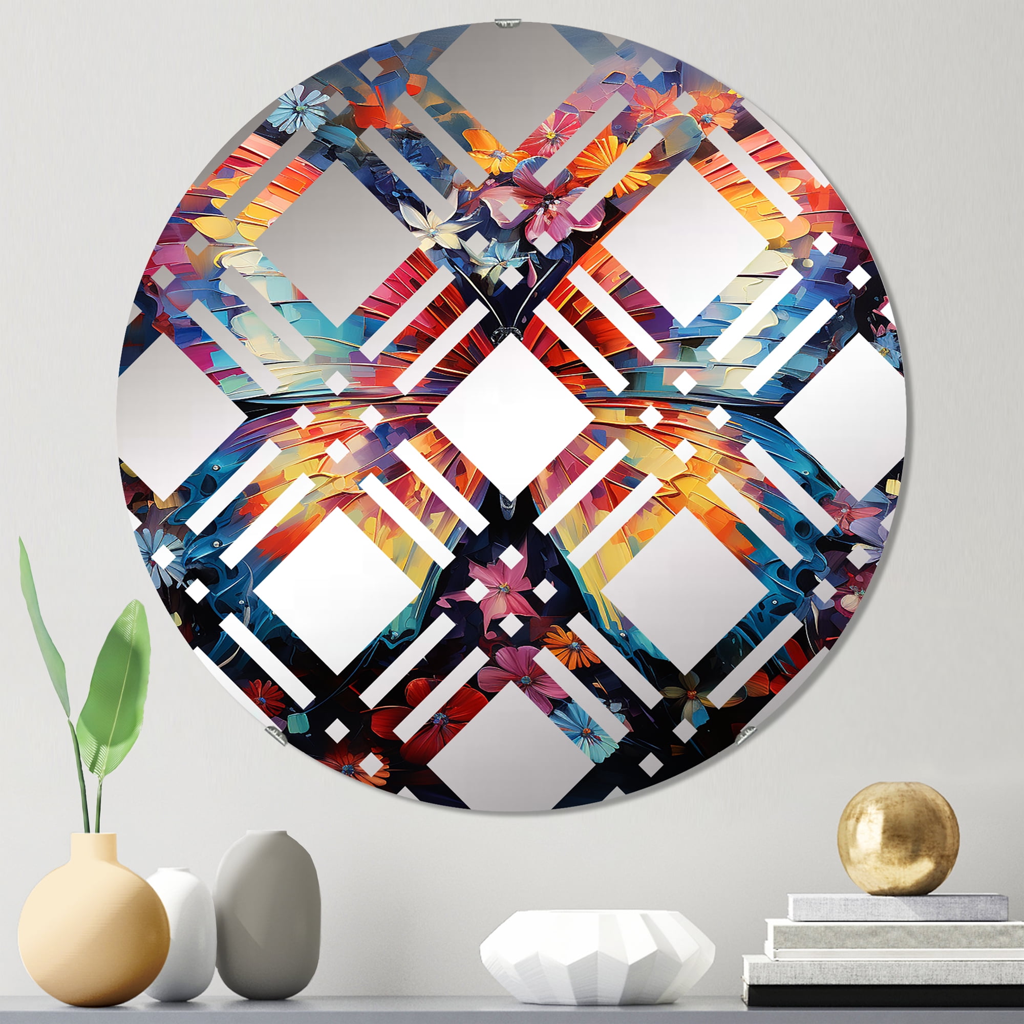 Designart "Butterfly Wild Color Flit II" Animals Butterfly Plaid Round ...