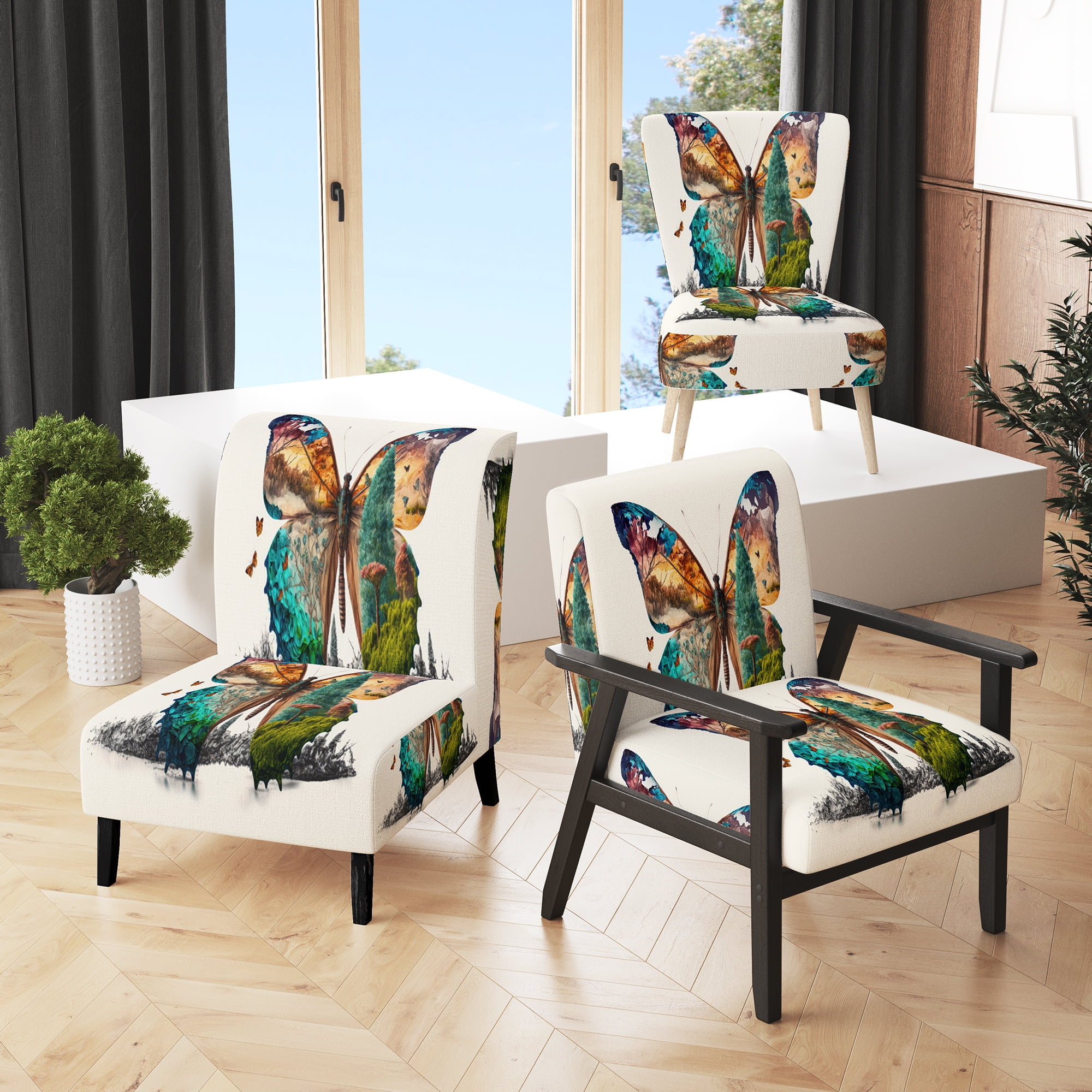 Designart "Butterfly in Natural Harmony I" Blue Abstract Upholstered Accent Chair - Modern Arm ...