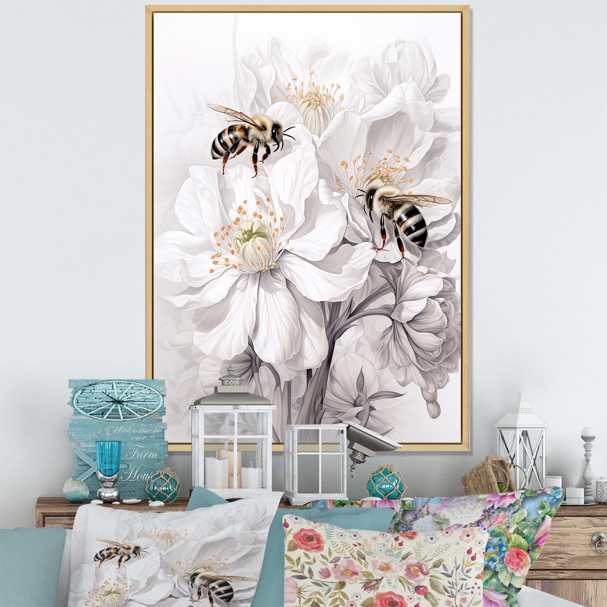 Designart "Buzzing Bees and Flowers IV" Animals Framed Wall Art ...