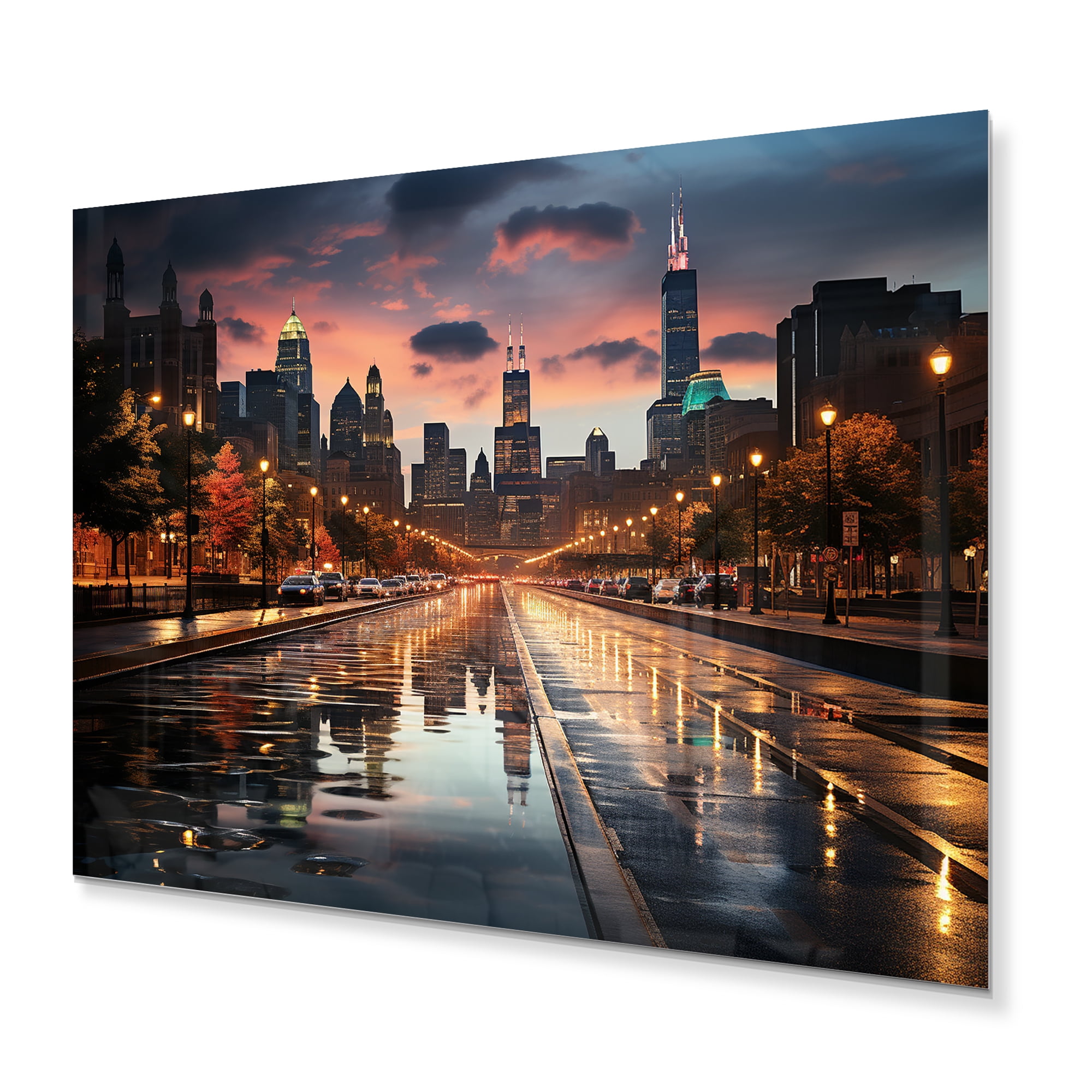 Designart "By Night Chicago Cityscape art painting II" Chicago Metal ...