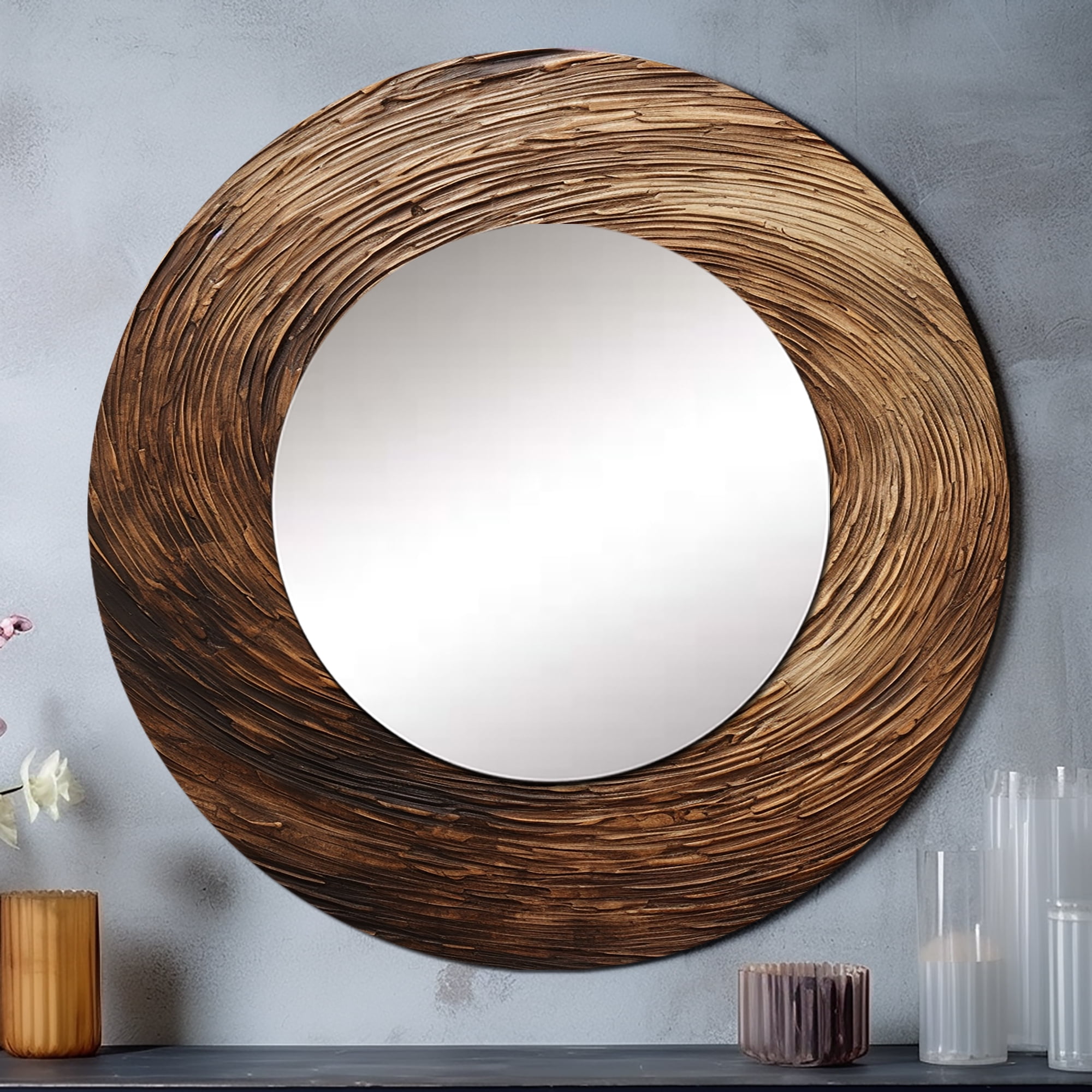 Designart "Calm Current Spiral in Brown I" Abstract Spirals Rund Mirror ...