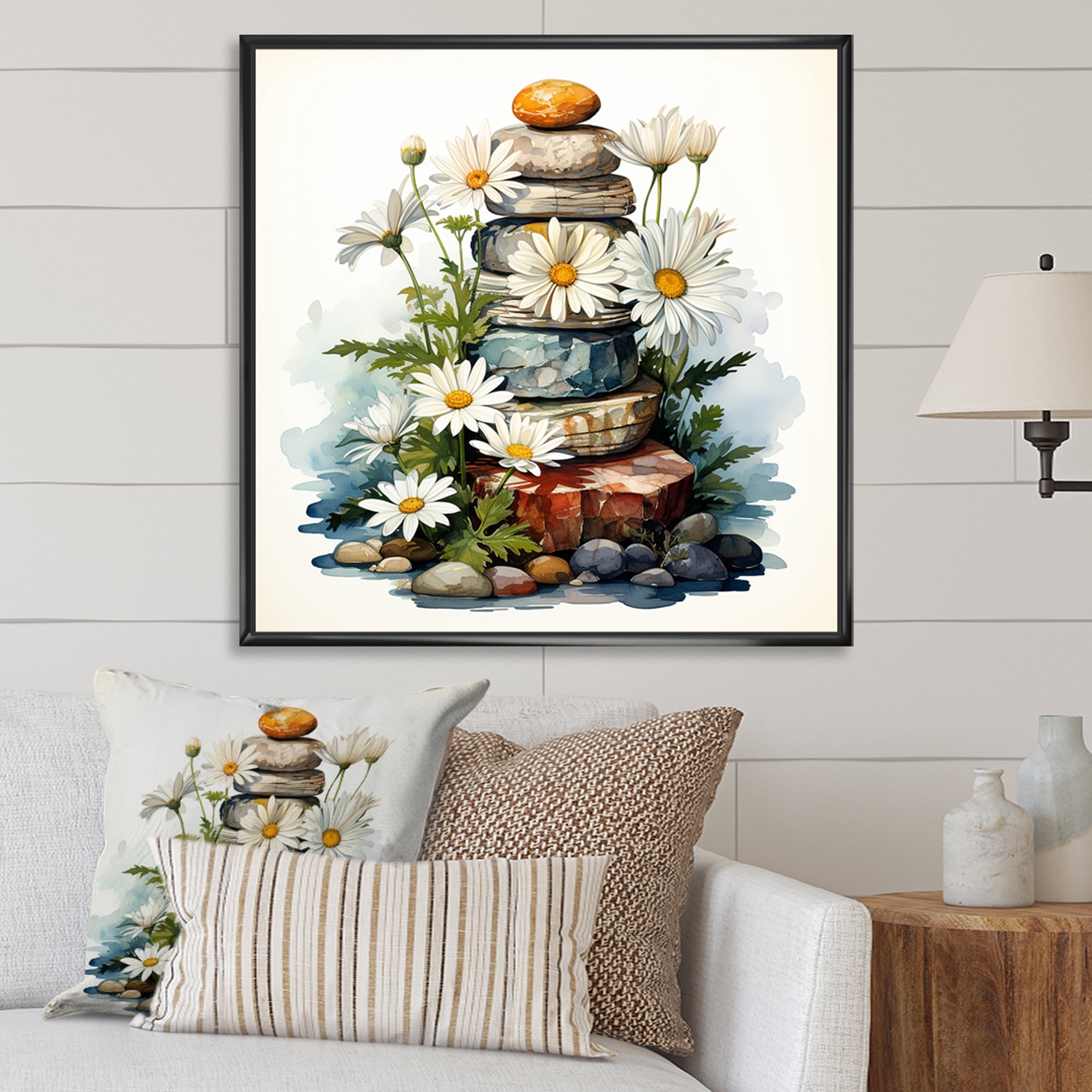Designart "Calm Stone with a Daisy Flower IV" Floral Framed Wall Art ...