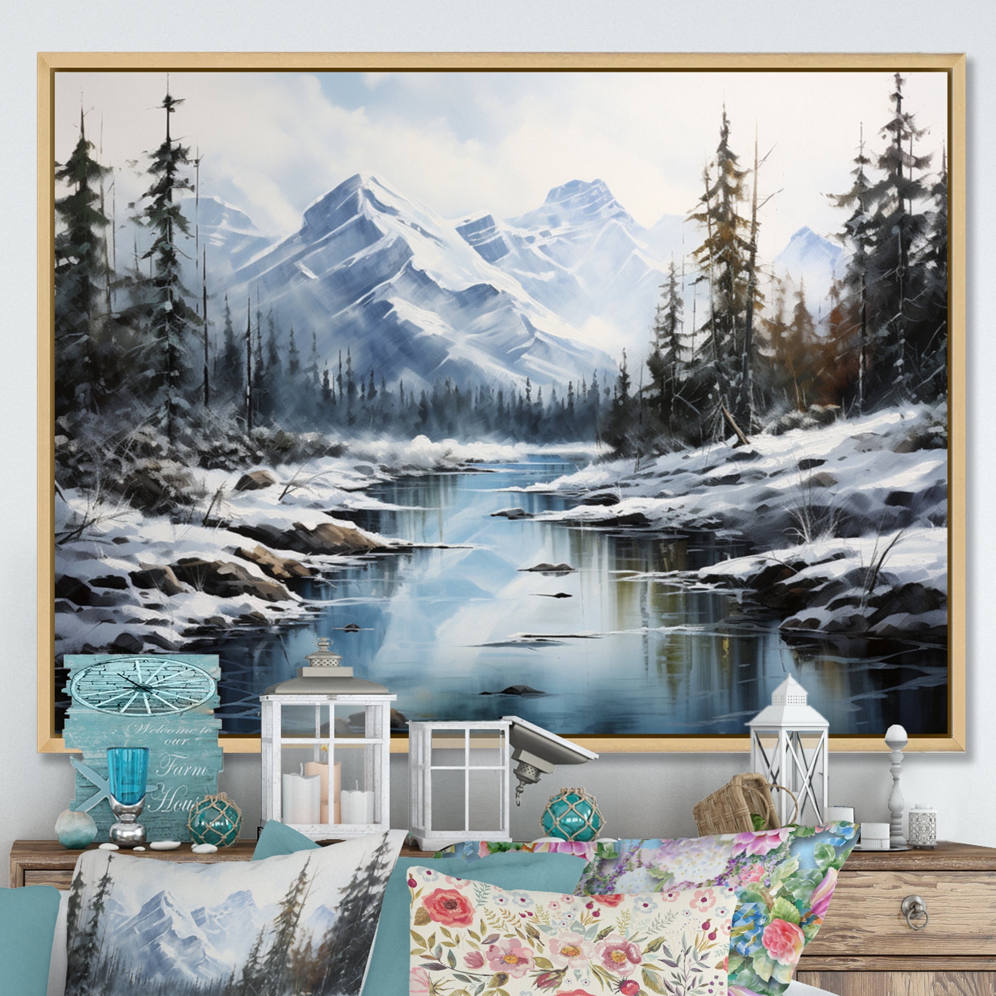 Designart "Canada Misty Mountain IV" Winter Landscape Floater Framed ...