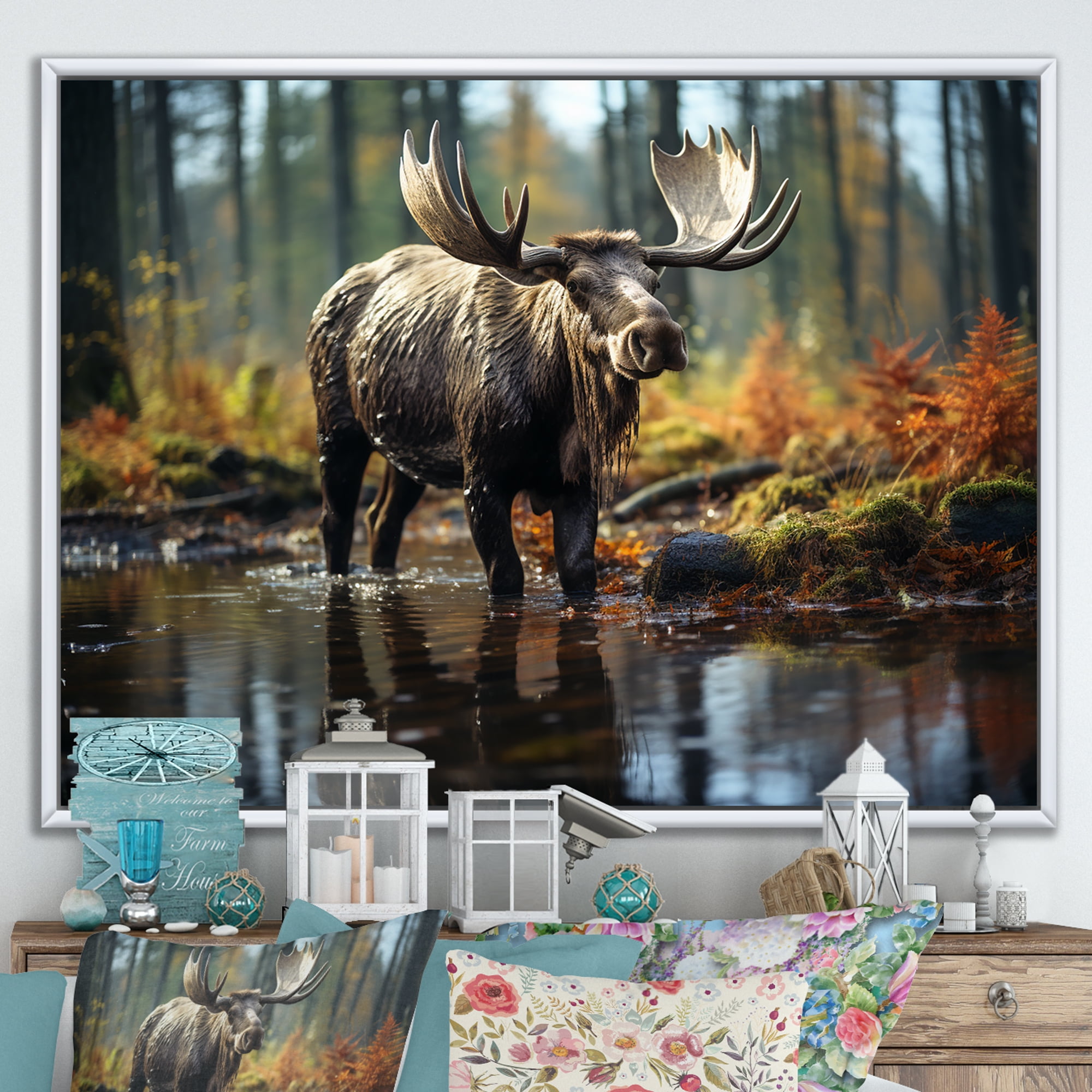 Designart "Canadian Moose in Brown and Yellow" Animals Floater Framed ...