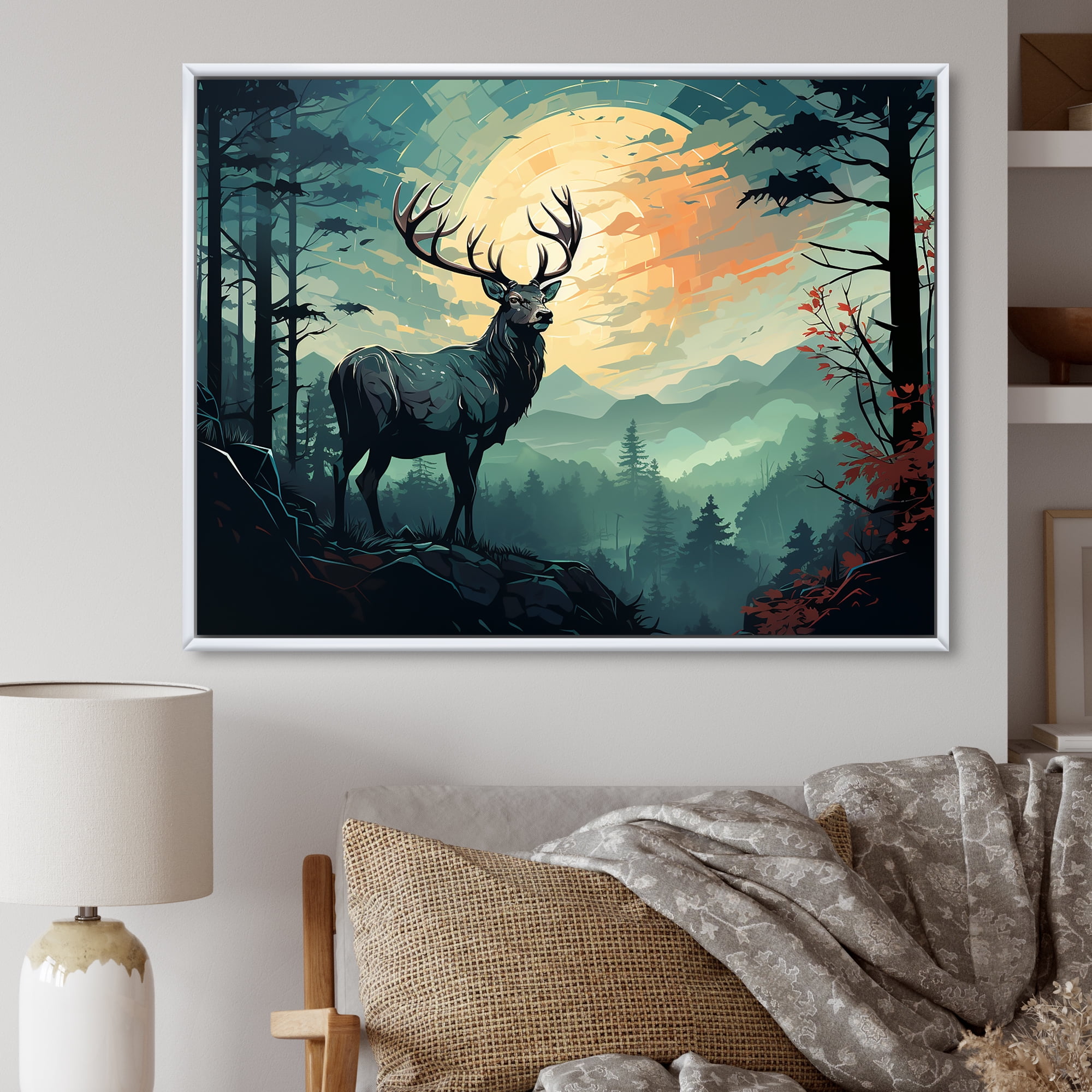 Designart "Canadian Sunset Landscape Deer III" Animals Framed Wall Art ...