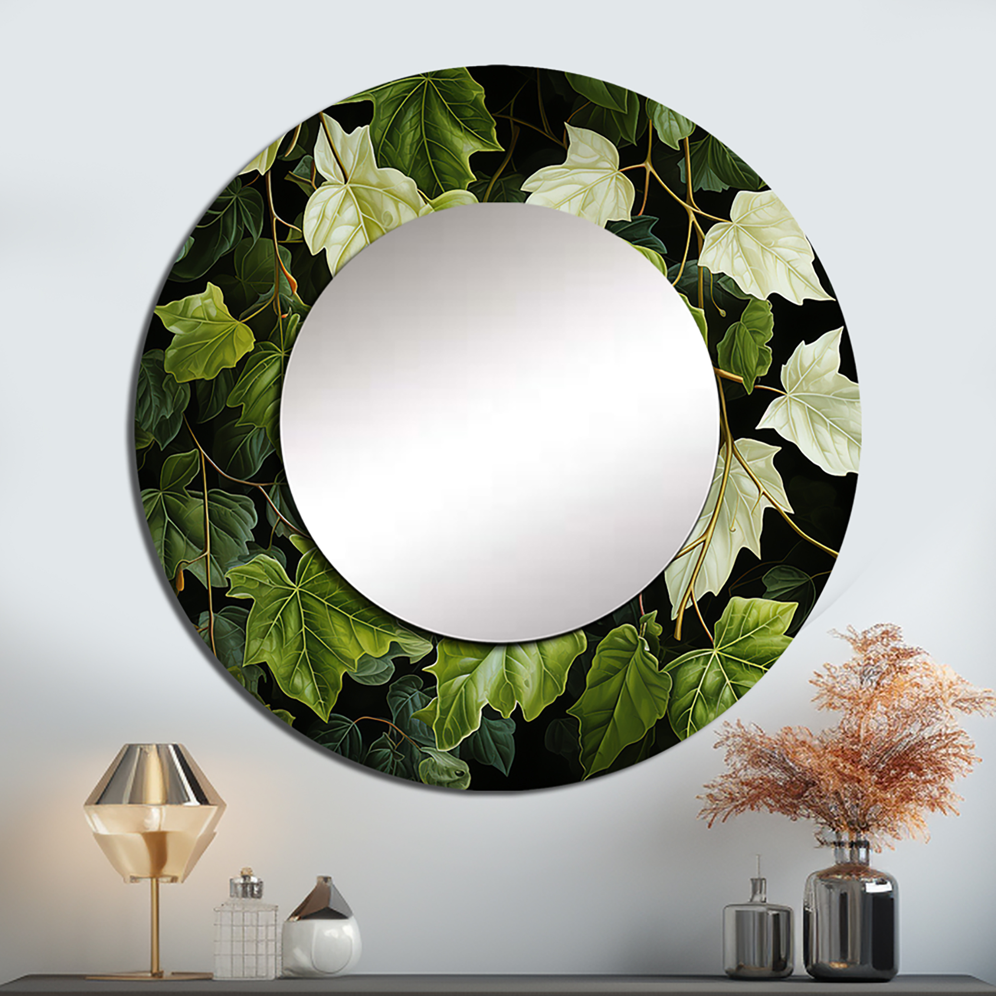 Designart "Canopy of Ivory Ivy Green Leaves I" Leaves Rund Mirror For ...