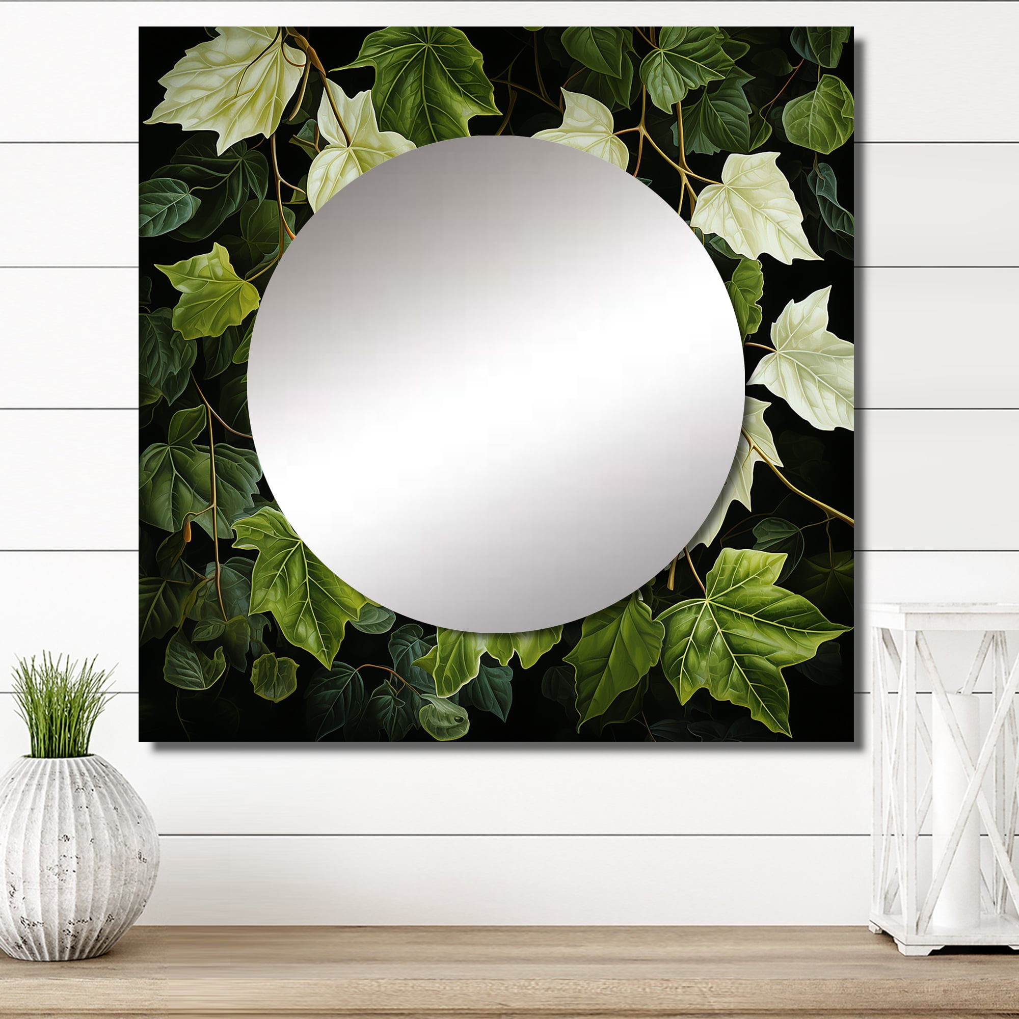 Designart "Canopy of Ivory Ivy Green Leaves I" Leaves Square Mirror ...