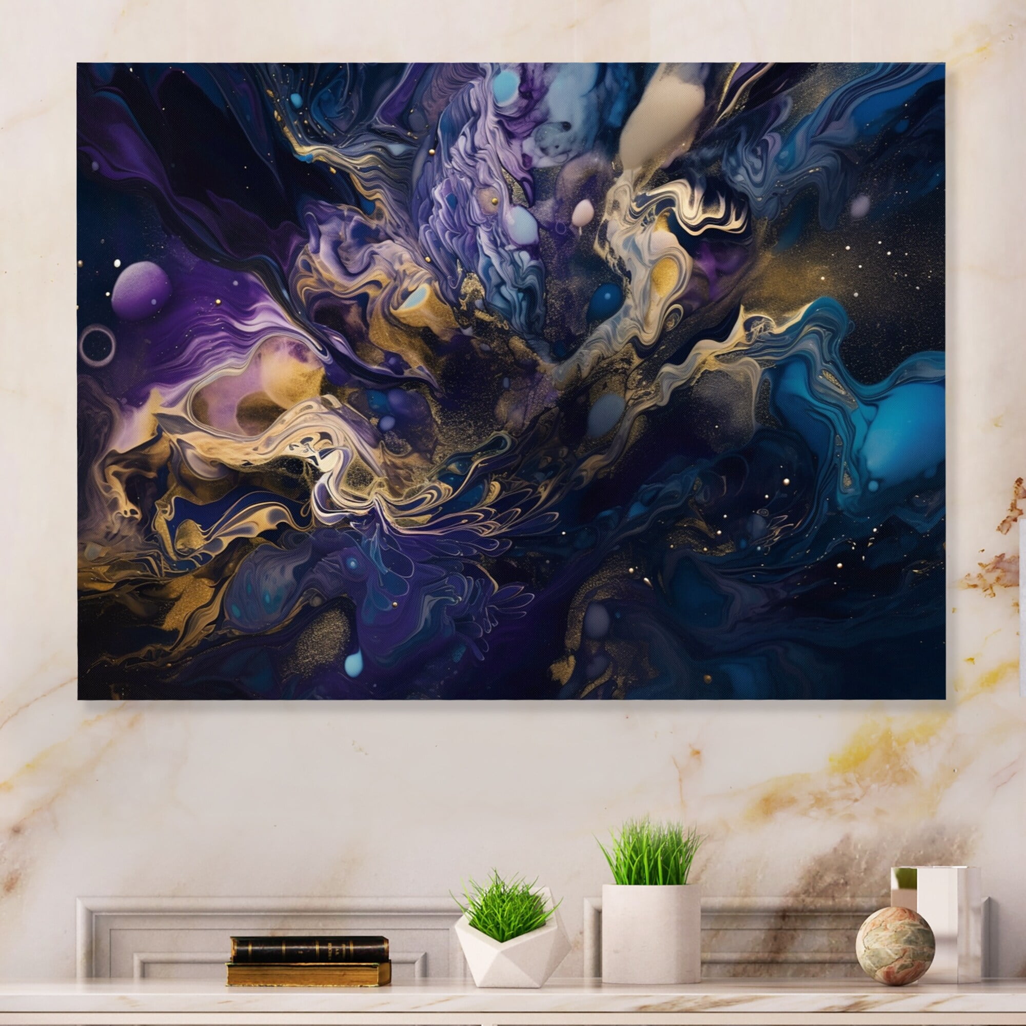 Designart "Captivating Liquid Ink Gold and Purple II" Abstract Marble ...