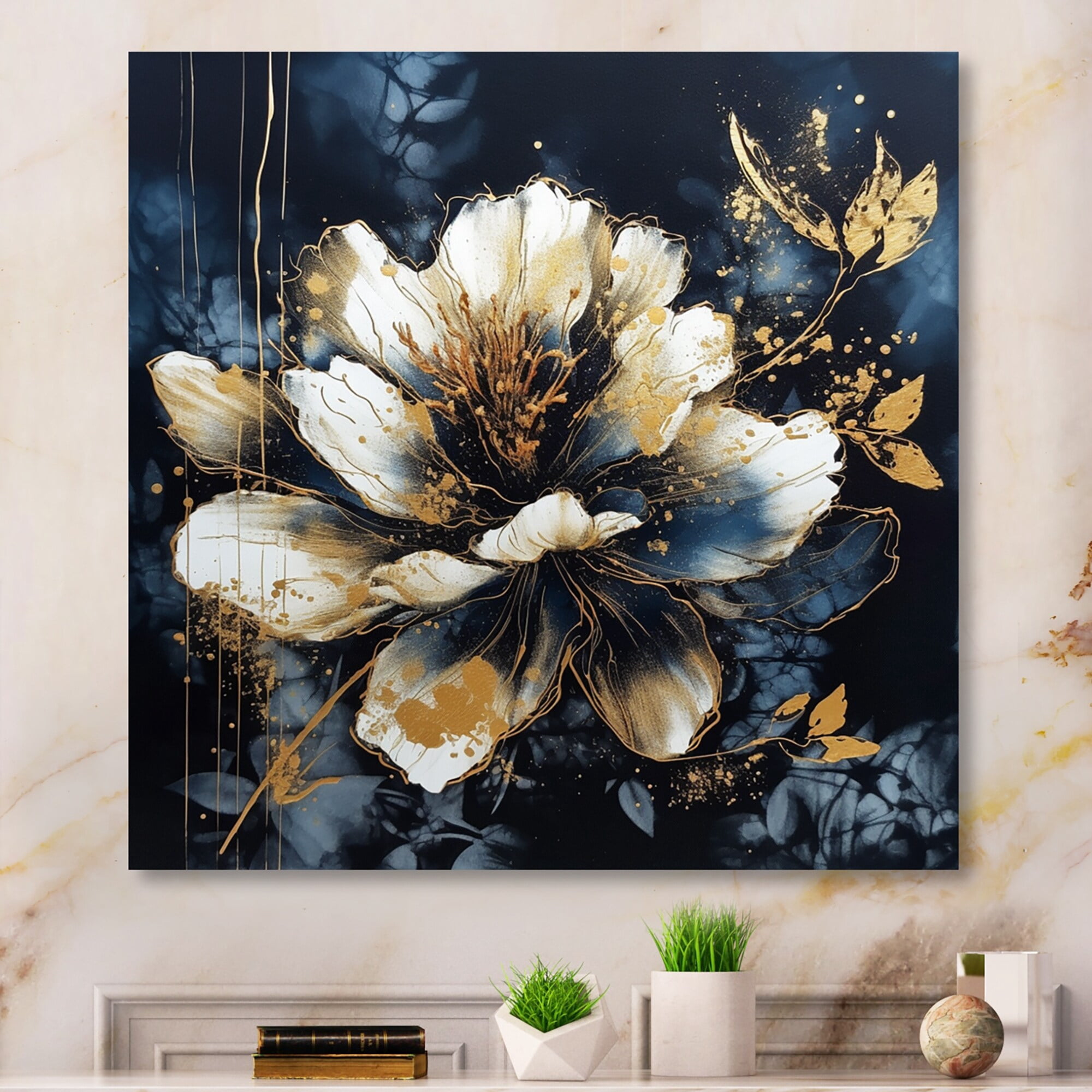 Designart "Carnation Flower Blue Gold IV" Floral Carnation Metal Wall ...